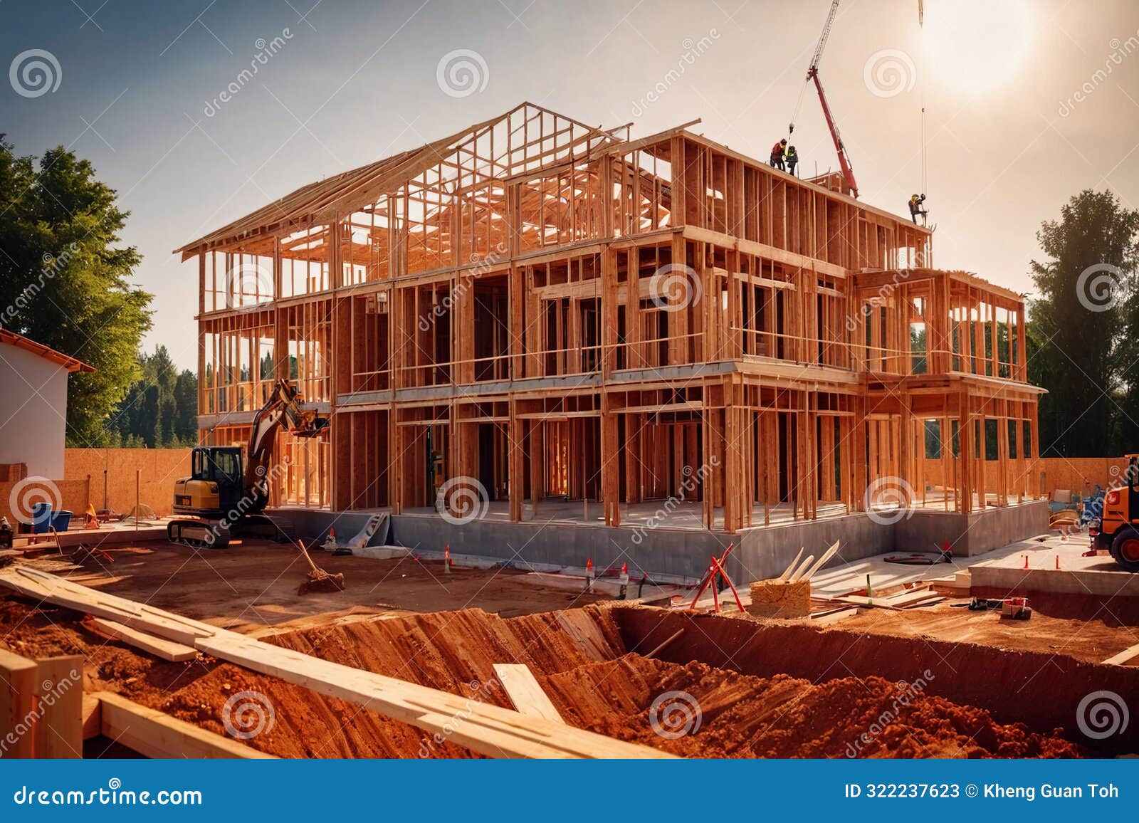 Construction of New Residential House, Building Framework Work Site ...