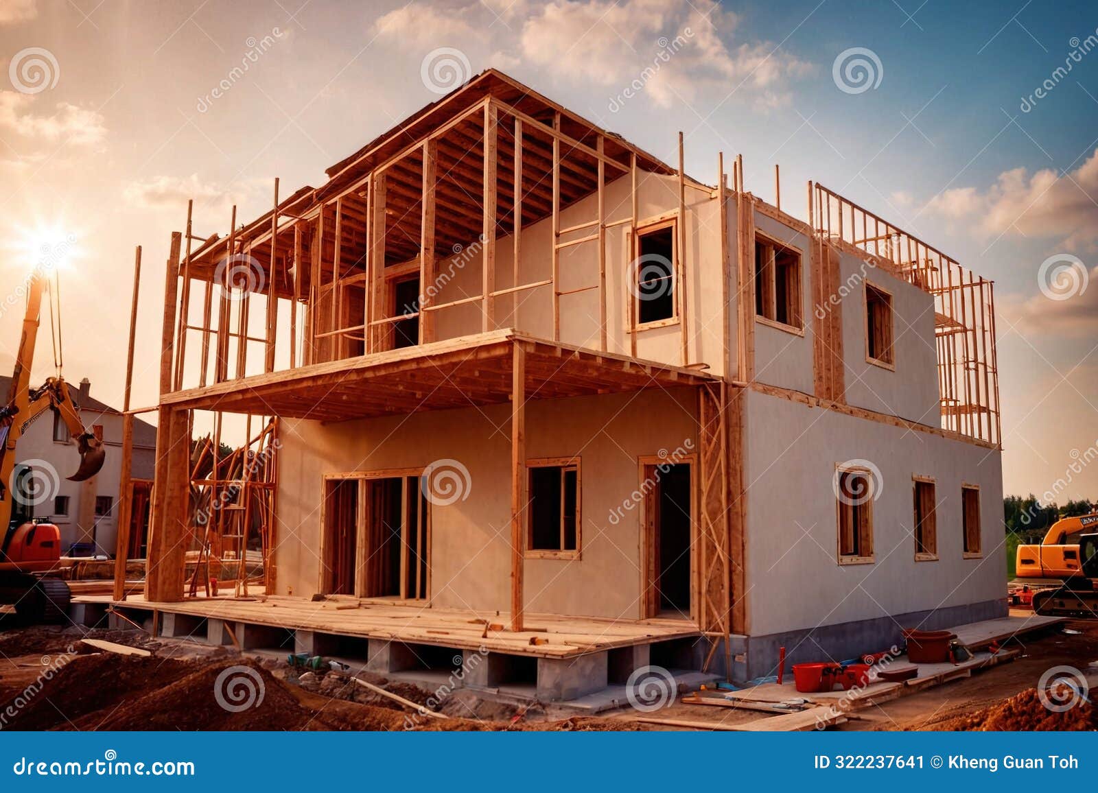 Construction of New Residential House, Building Framework Work Site ...