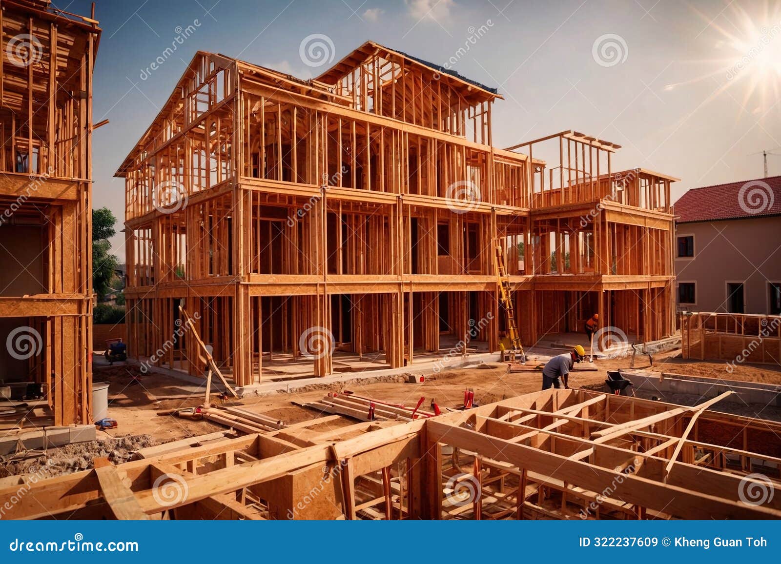 Construction of New Residential House, Building Framework Work Site ...