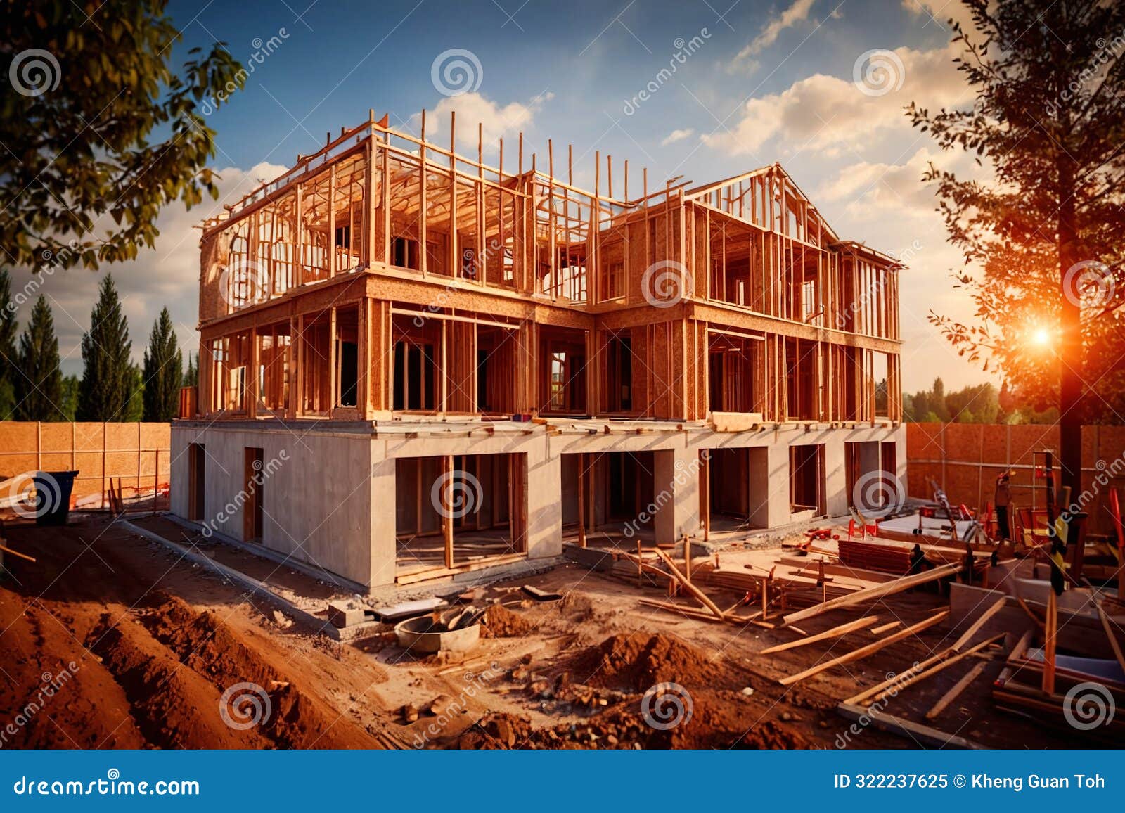 Construction of New Residential House, Building Framework Work Site ...