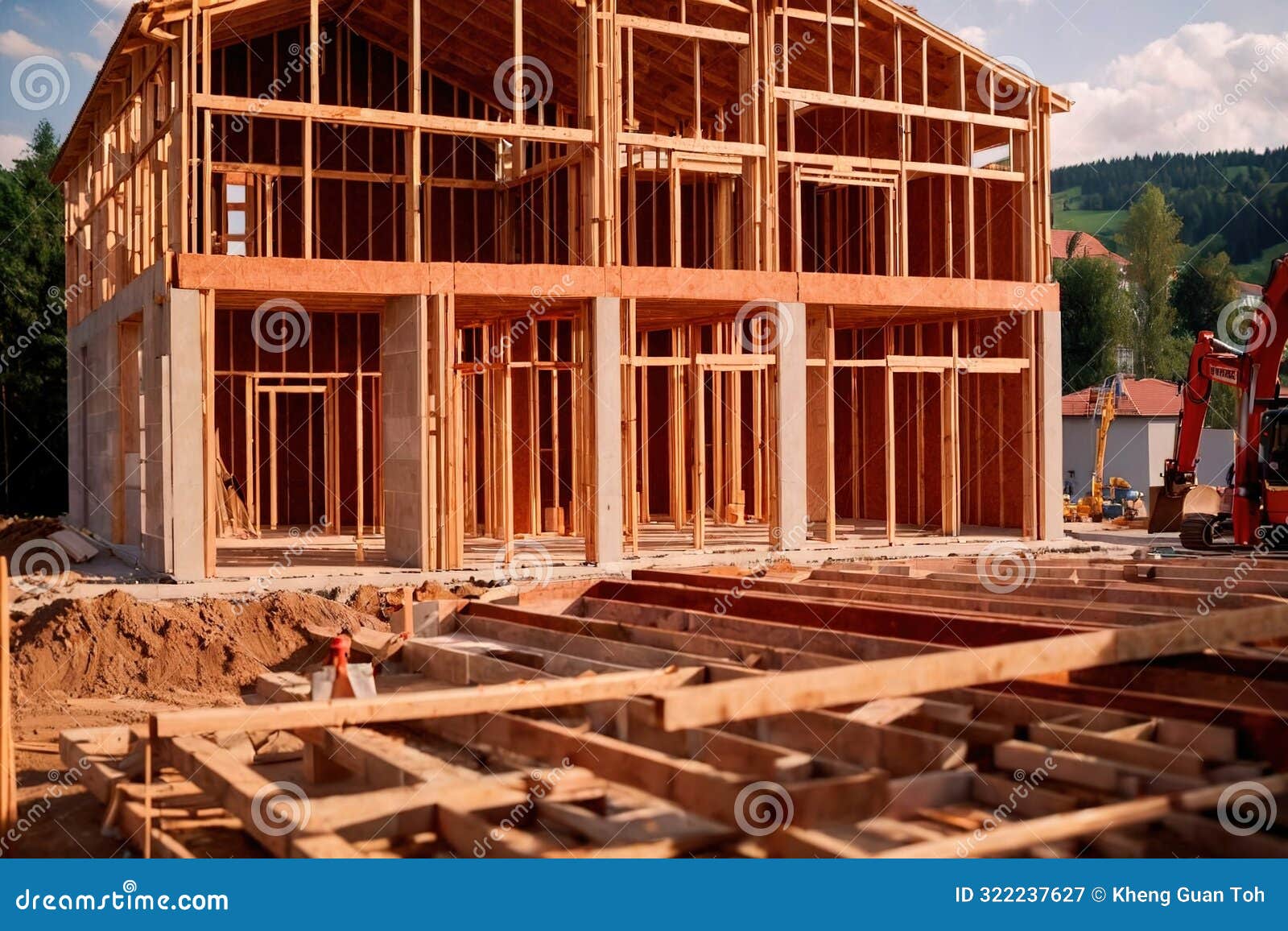 Construction of New Residential House, Building Framework Work Site ...