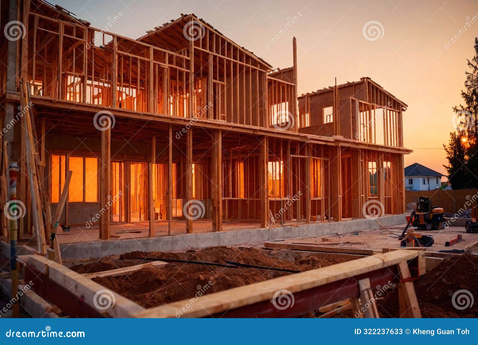 Construction of New Residential House, Building Framework Work Site ...