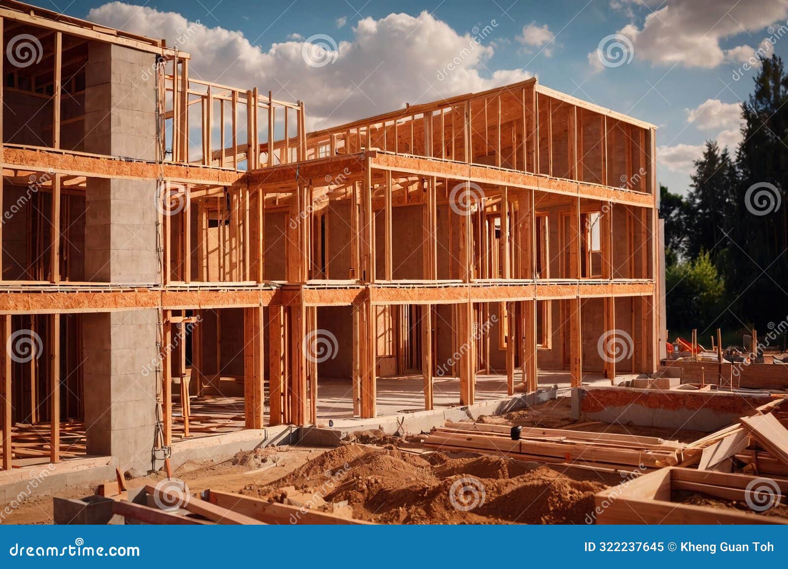 Construction of New Residential House, Building Framework Work Site ...