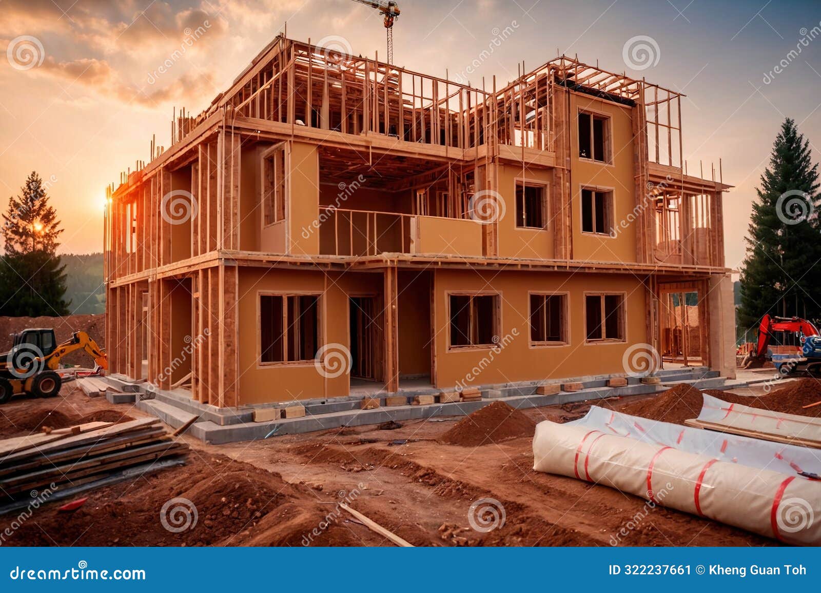 Construction of New Residential House, Building Framework Work Site ...