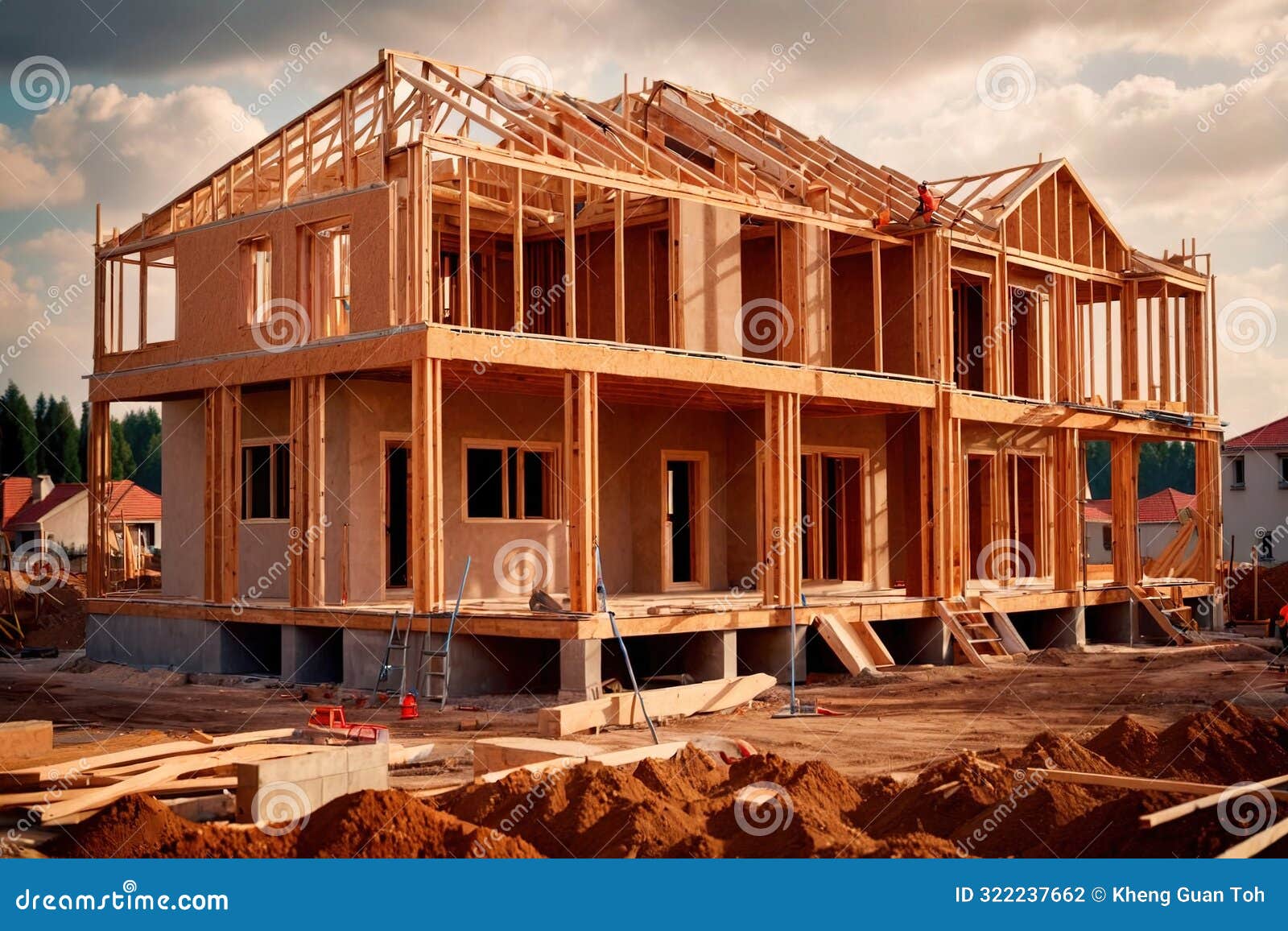 Construction of New Residential House, Building Framework Work Site ...