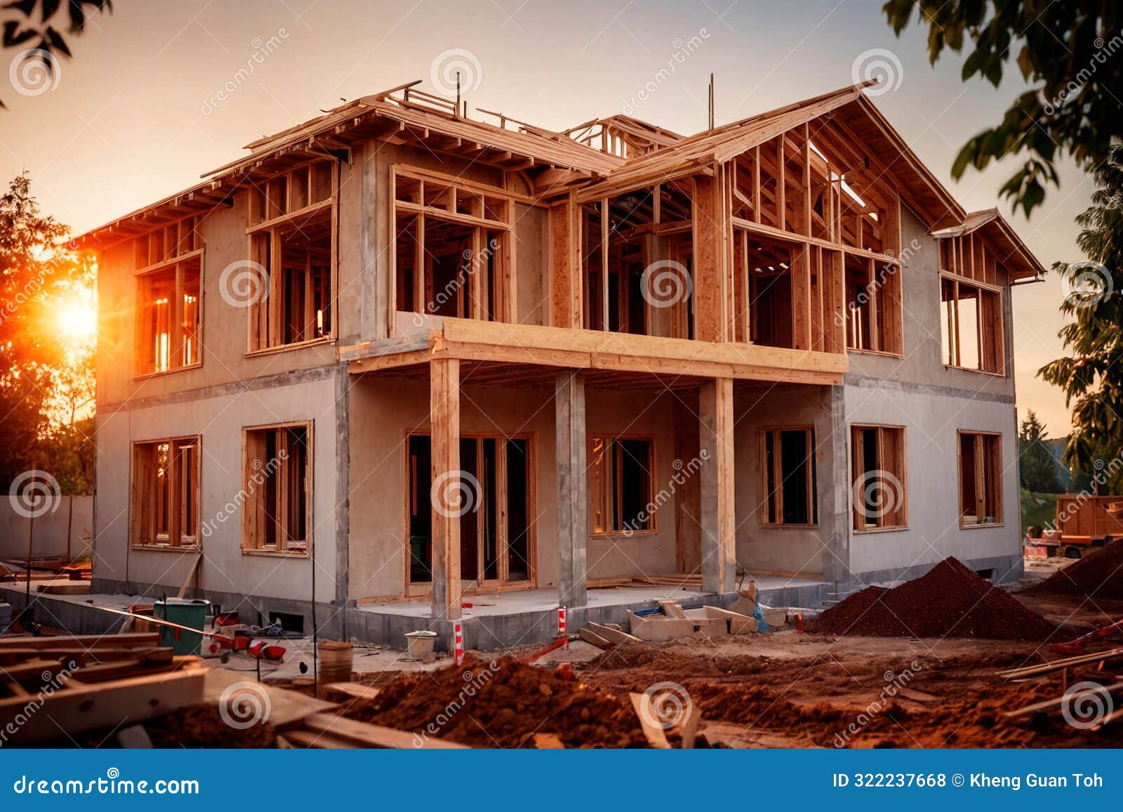 Construction of New Residential House, Building Framework Work Site ...