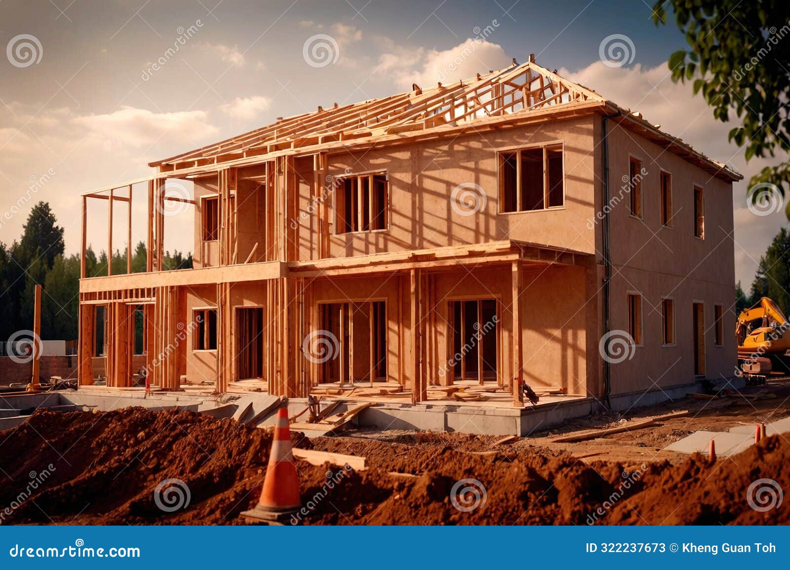 Construction of New Residential House, Building Framework Work Site ...