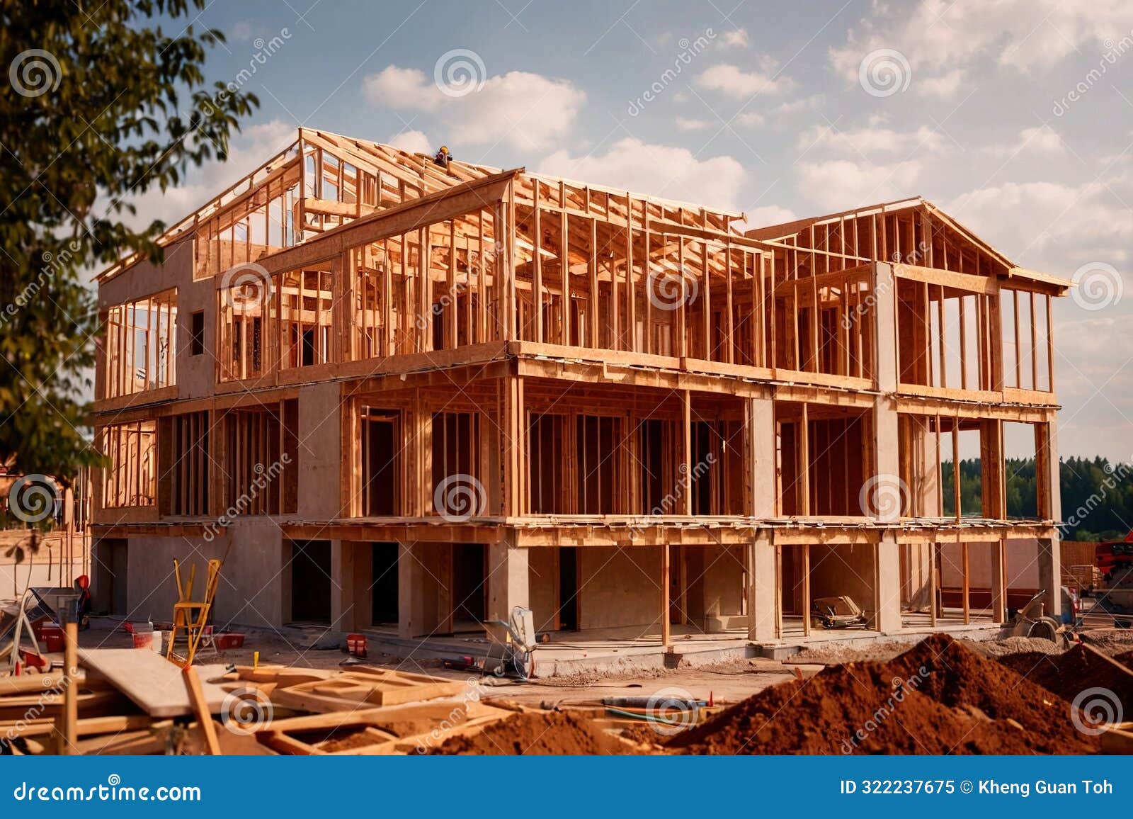 Construction of New Residential House, Building Framework Work Site ...