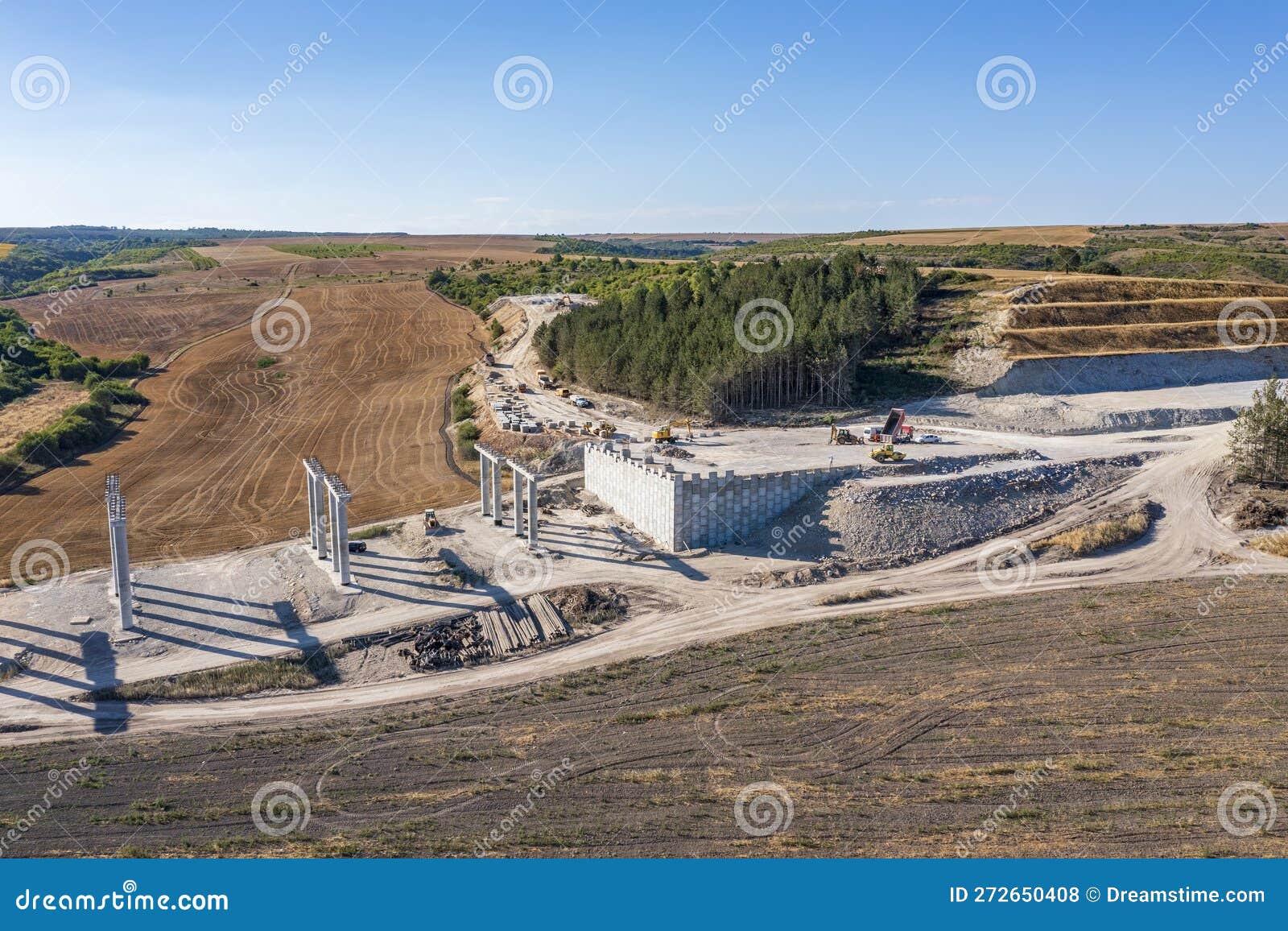 Construction of a New Road and Bridge.Concrete New Bridge Supports ...