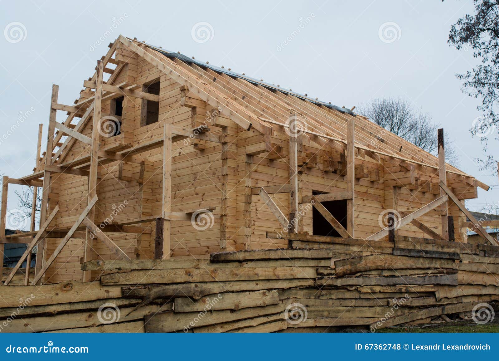 Construction of a New Wooden Building from the Beginning Stock Photo ...