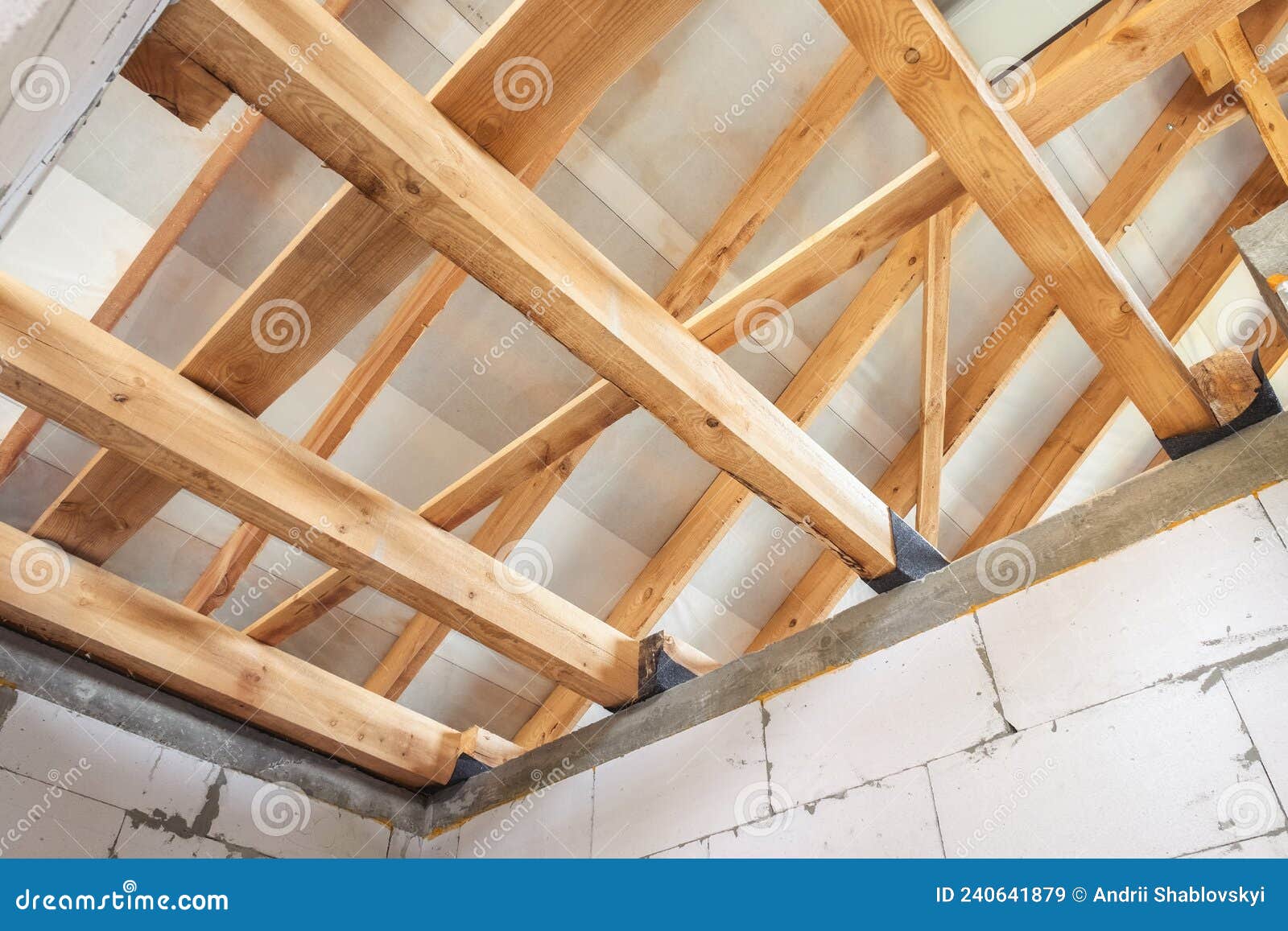 Construction of a New Wooden Roof. Inside View, Wooden Structure Stock ...