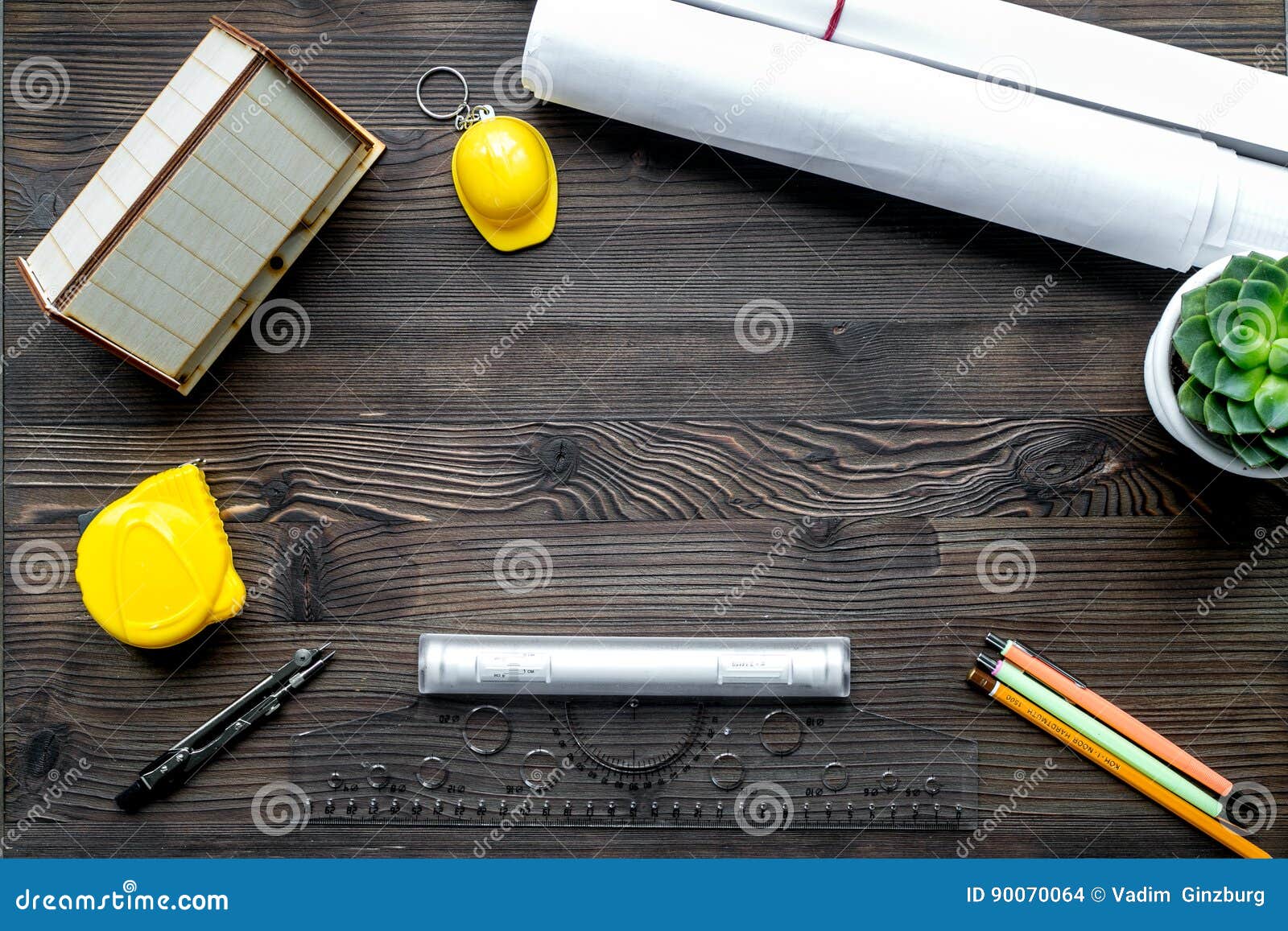 Construction Office with Architect Tools on Wooden Background Top View ...
