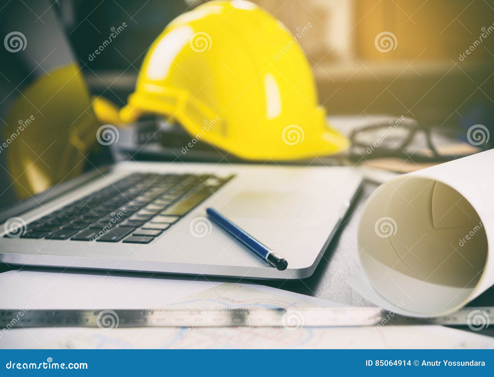 Construction Office Desk with Computer Stock Photo - Image of factory ...