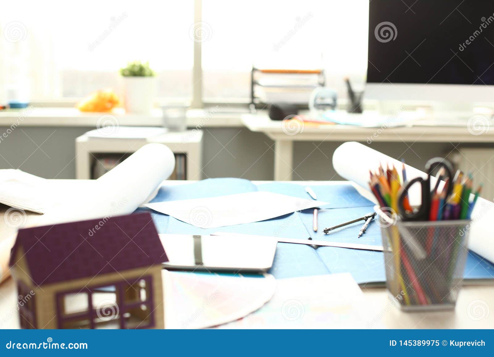 Construction Office Engineer Empty Working Table Stock Image - Image of ...