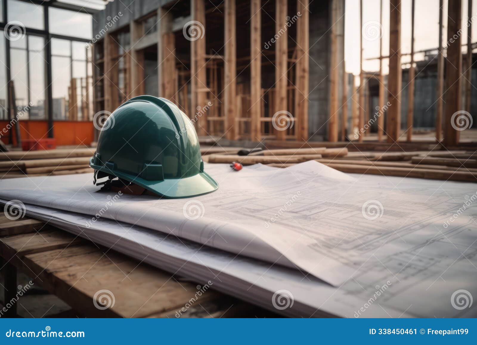 Construction Paper Blueprint on Building Construction Site Background ...