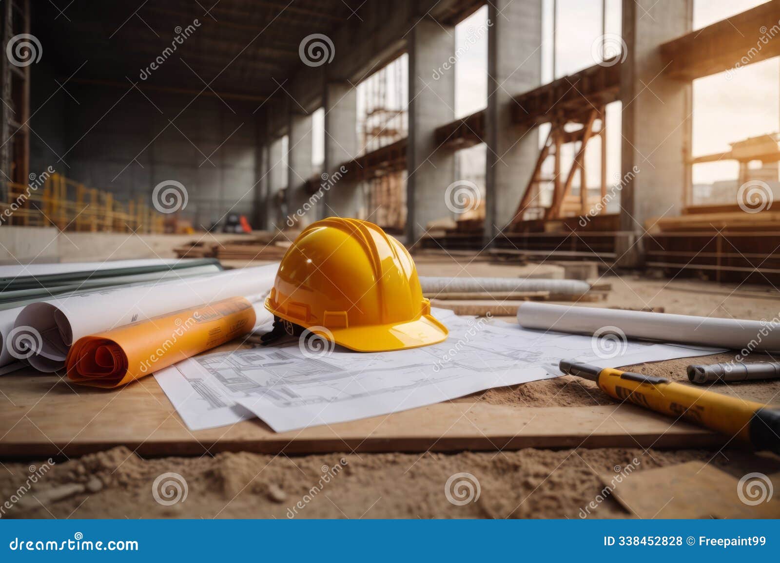 Construction Paper Blueprint on Building Construction Site Background ...