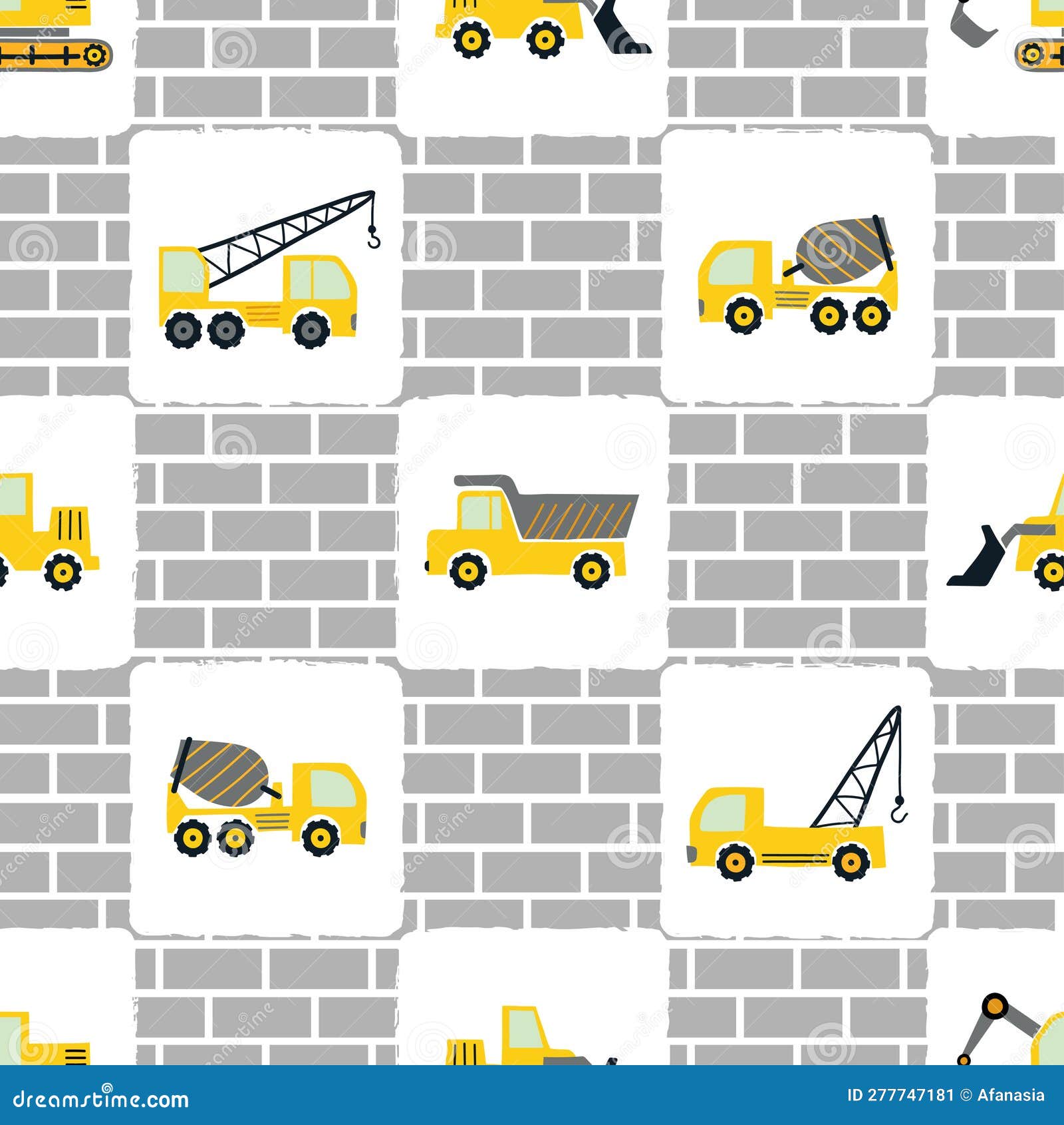 Construction Pattern with Cartoon Yellow Trucks. Vector Car Background ...