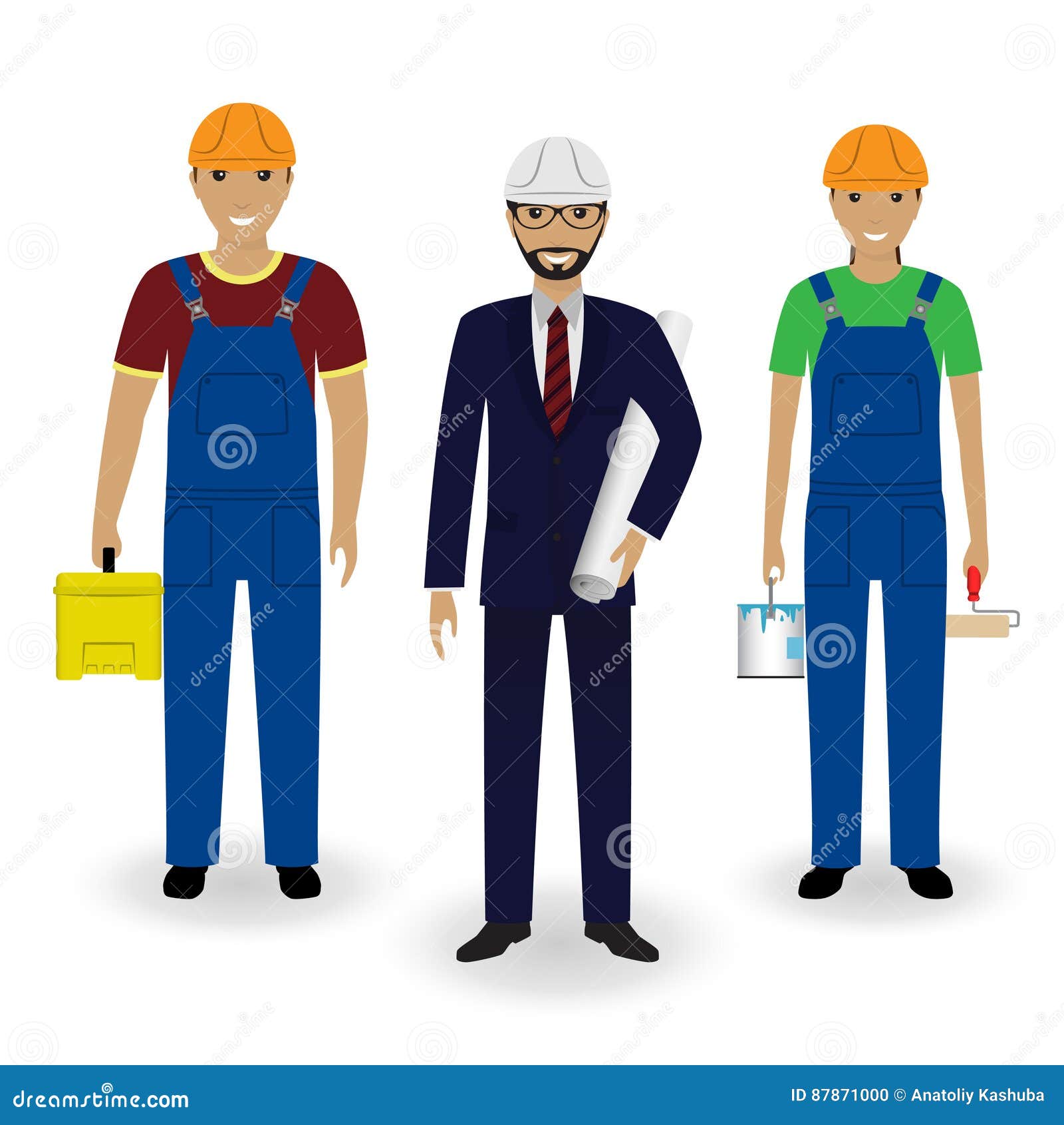 Construction People. Engineer In Suit With Drawings And Couple Of ...