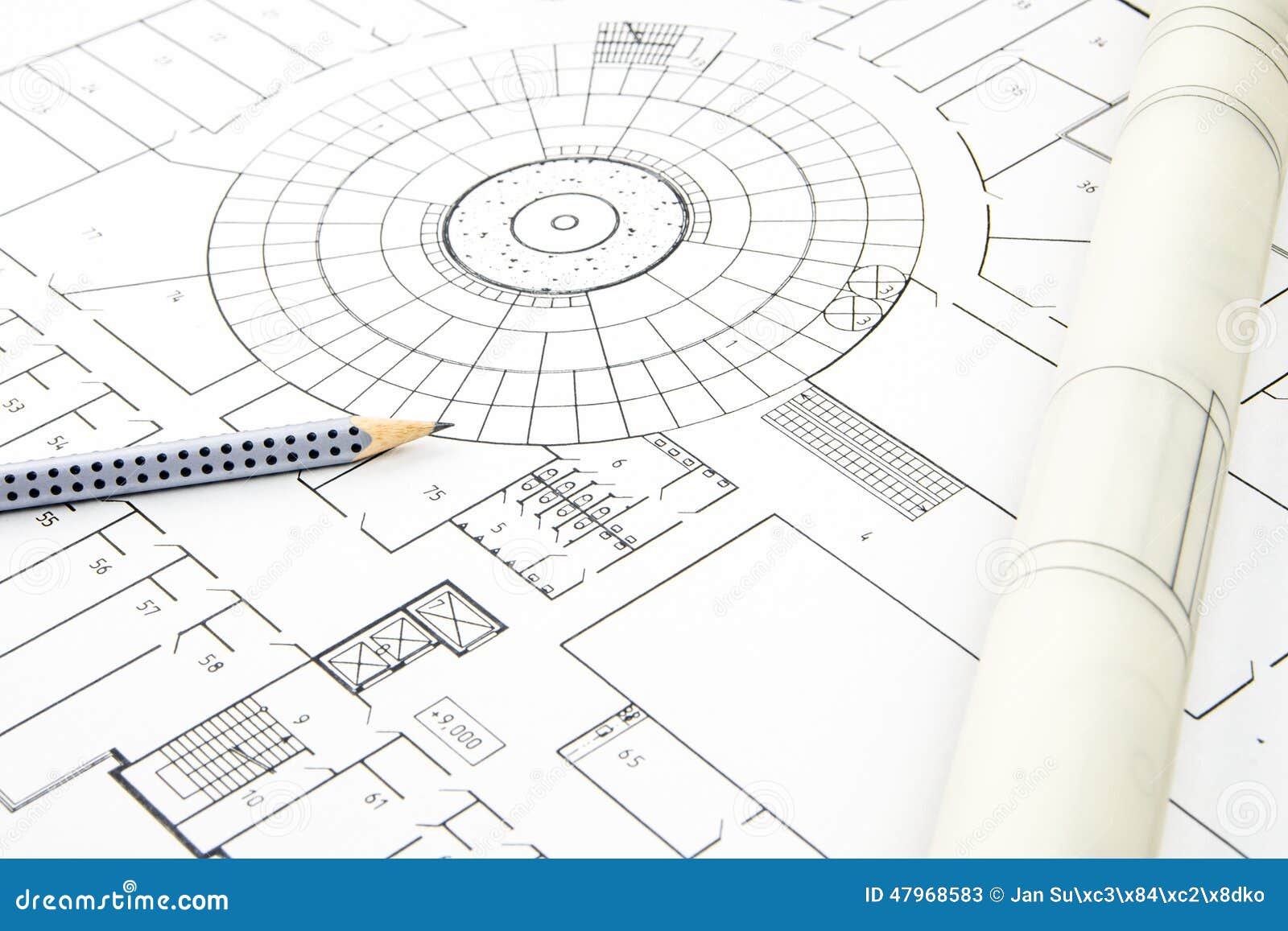 Construction Plan Closeup with Pencil and Rolled Paper Stock Image ...