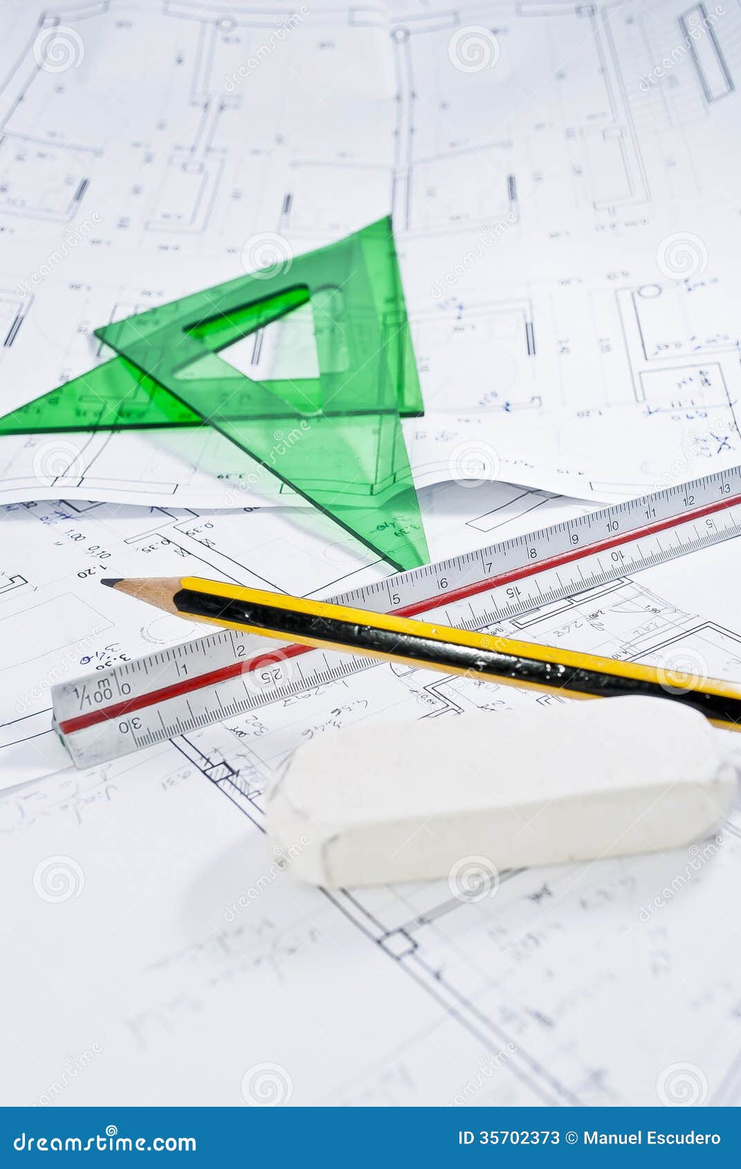Construction Plan with Ruler, Pencil and Set Square. Stock Image ...