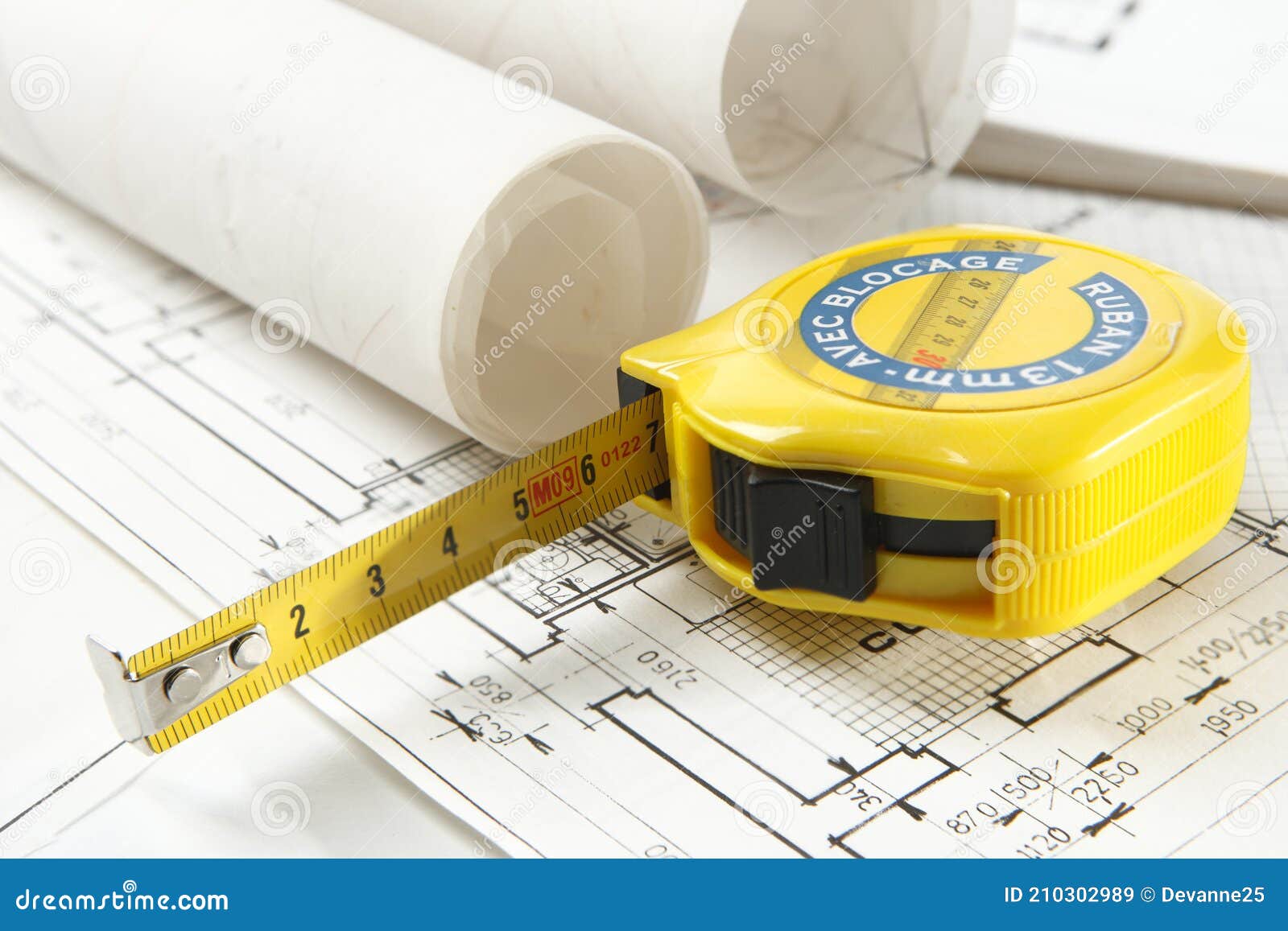 Construction Plan with Tape Measure Close-up Stock Image - Image of ...