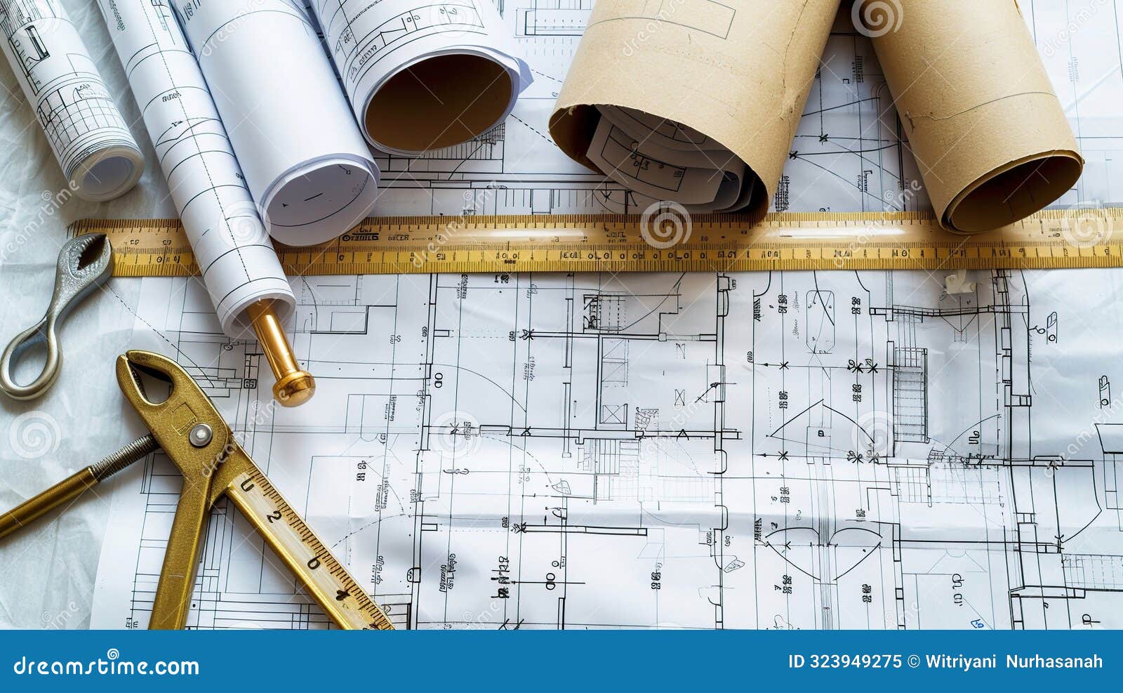 Construction Plan with Tools and Rolls of Blueprints Stock Illustration ...