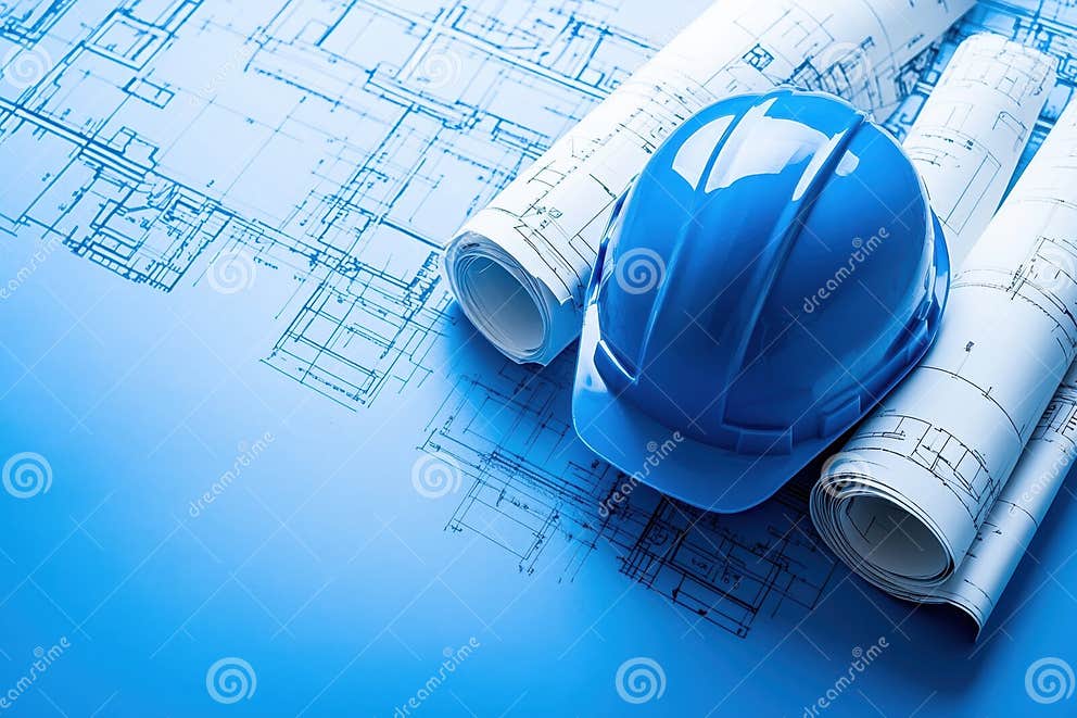 Construction Plans and a Blue Hard Hat Resting on Architectural ...