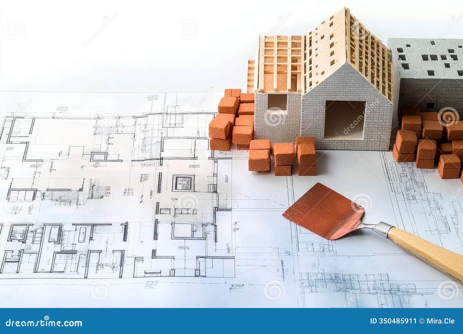 Construction Plans with Building Blocks and a Detailed House Model ...