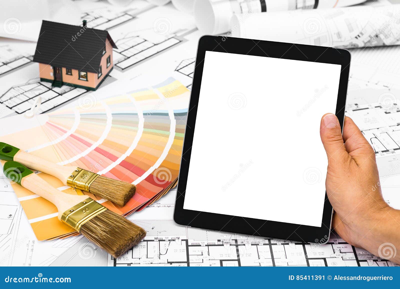 Construction Plans with Color Palette Miniature House and White Stock ...