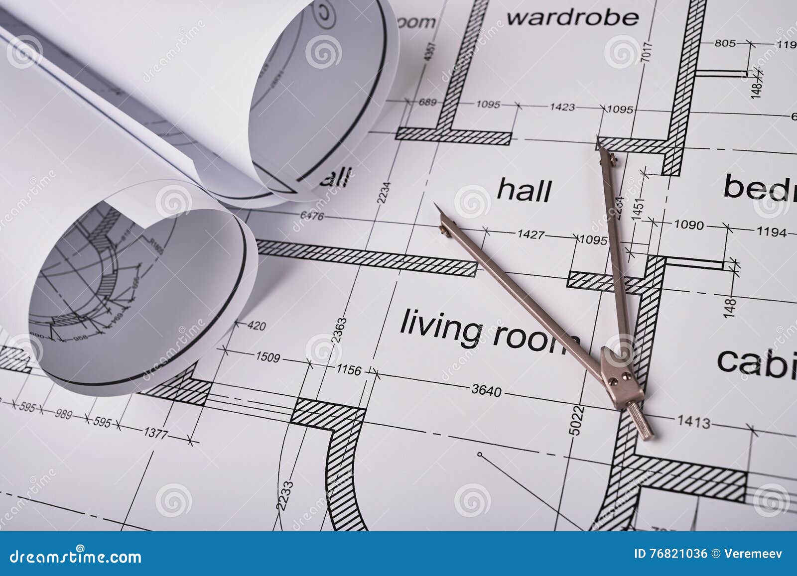 Construction Plans and Drawing Compasses Stock Photo - Image of ...