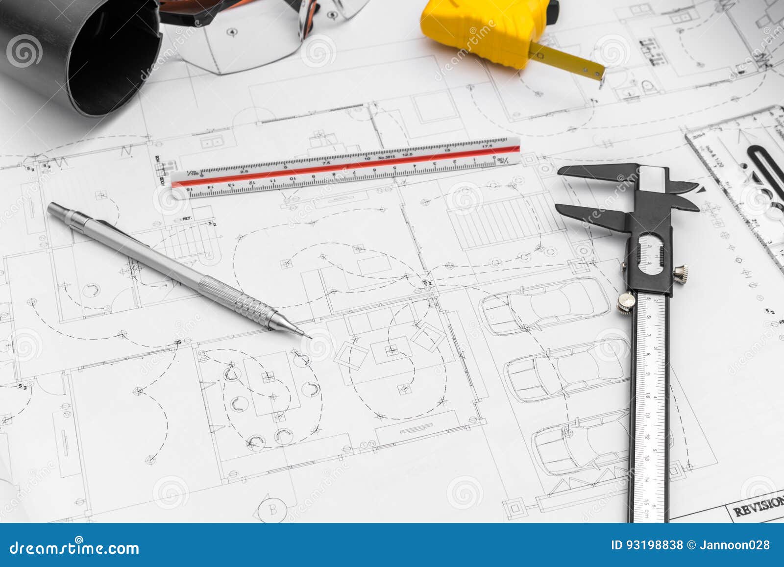 Construction Plans and Drawing Tools on Blueprints . Stock Photo ...