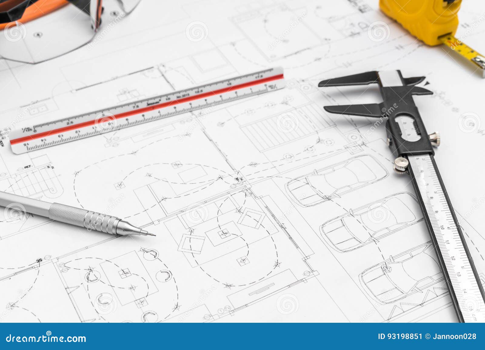 Construction Plans and Drawing Tools on Blueprints . Stock Image ...
