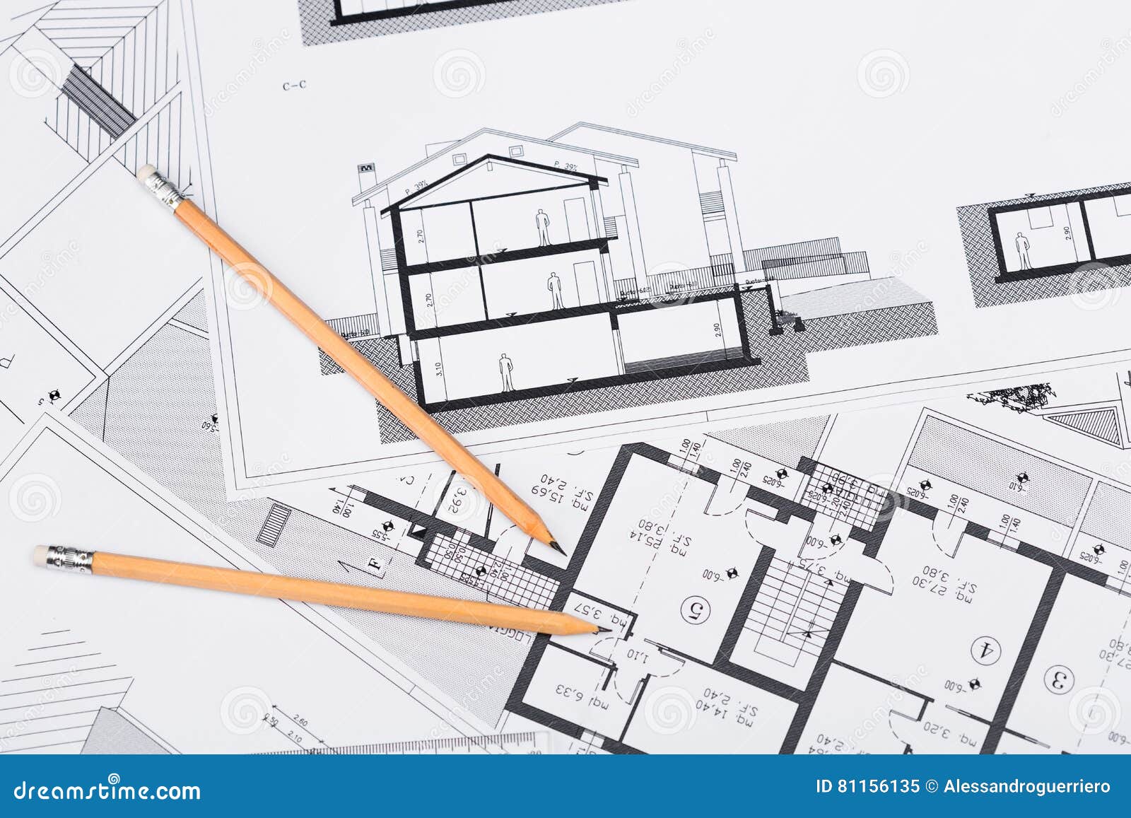 Construction Plans with Drawing Tools on Blueprints Stock Image - Image ...