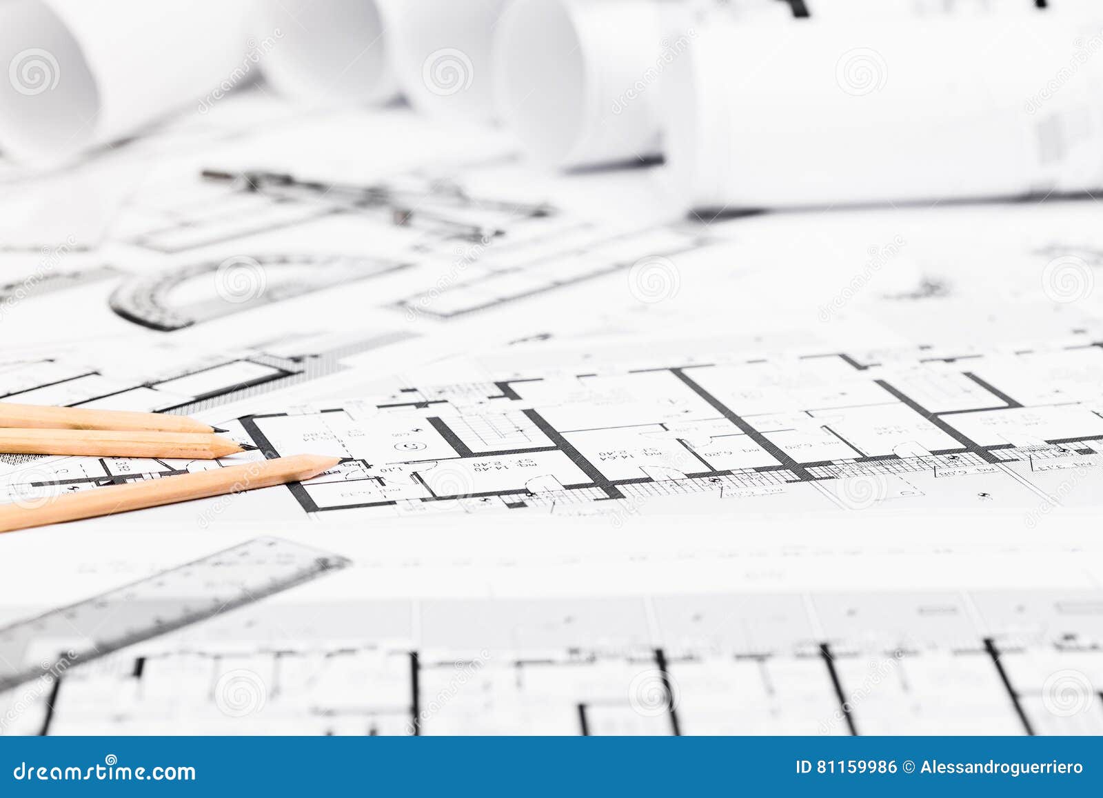 Construction Plans with Drawing Tools on Blueprints Stock Photo - Image ...