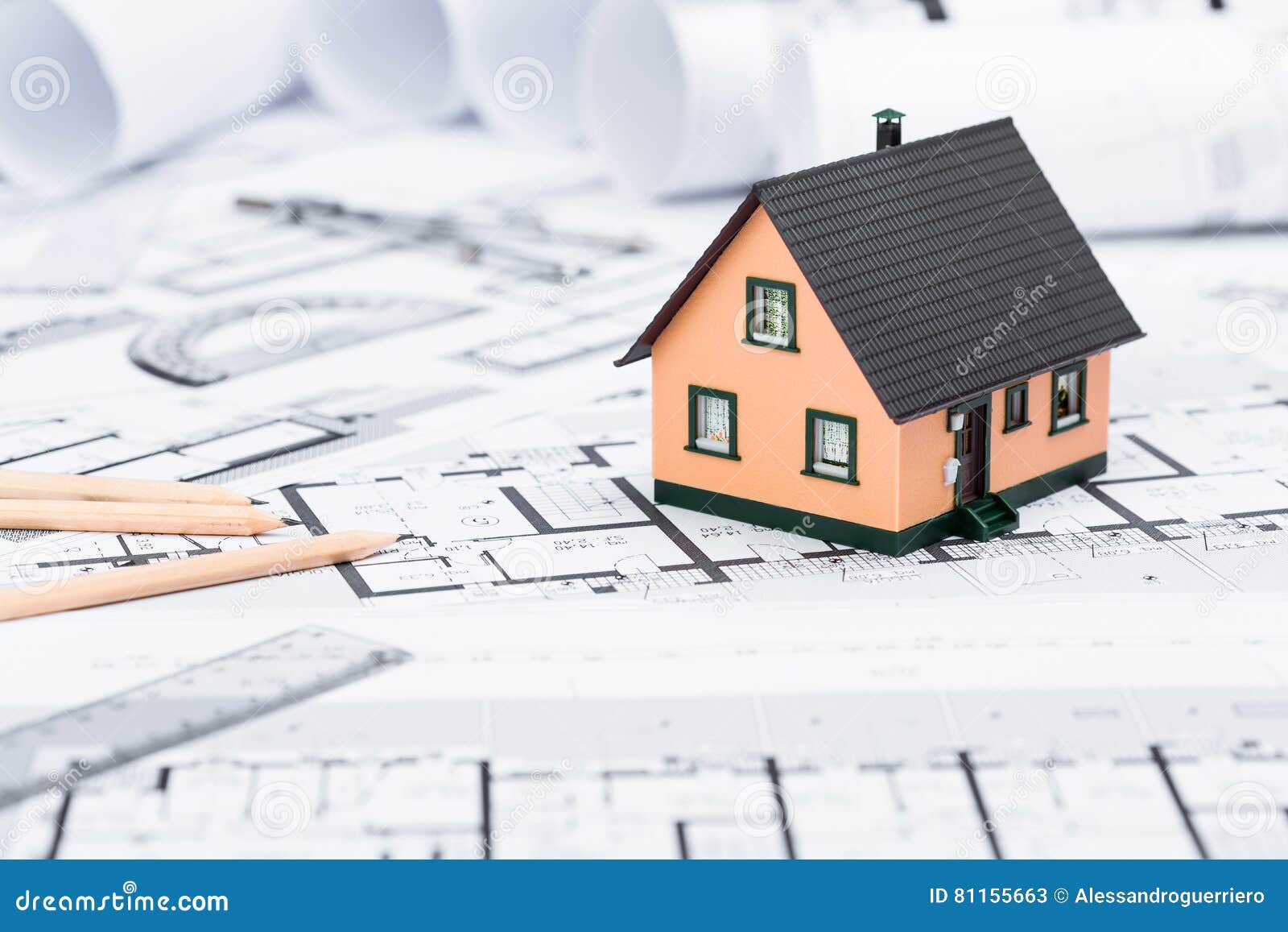Construction Plans with Drawing Tools and House Miniature on Blu Stock ...