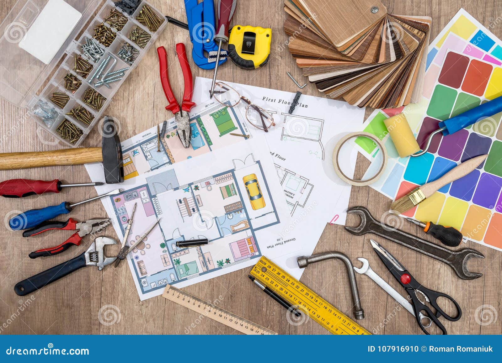 Construction Plans with Drawing Tools Stock Photo - Image of blueprints ...