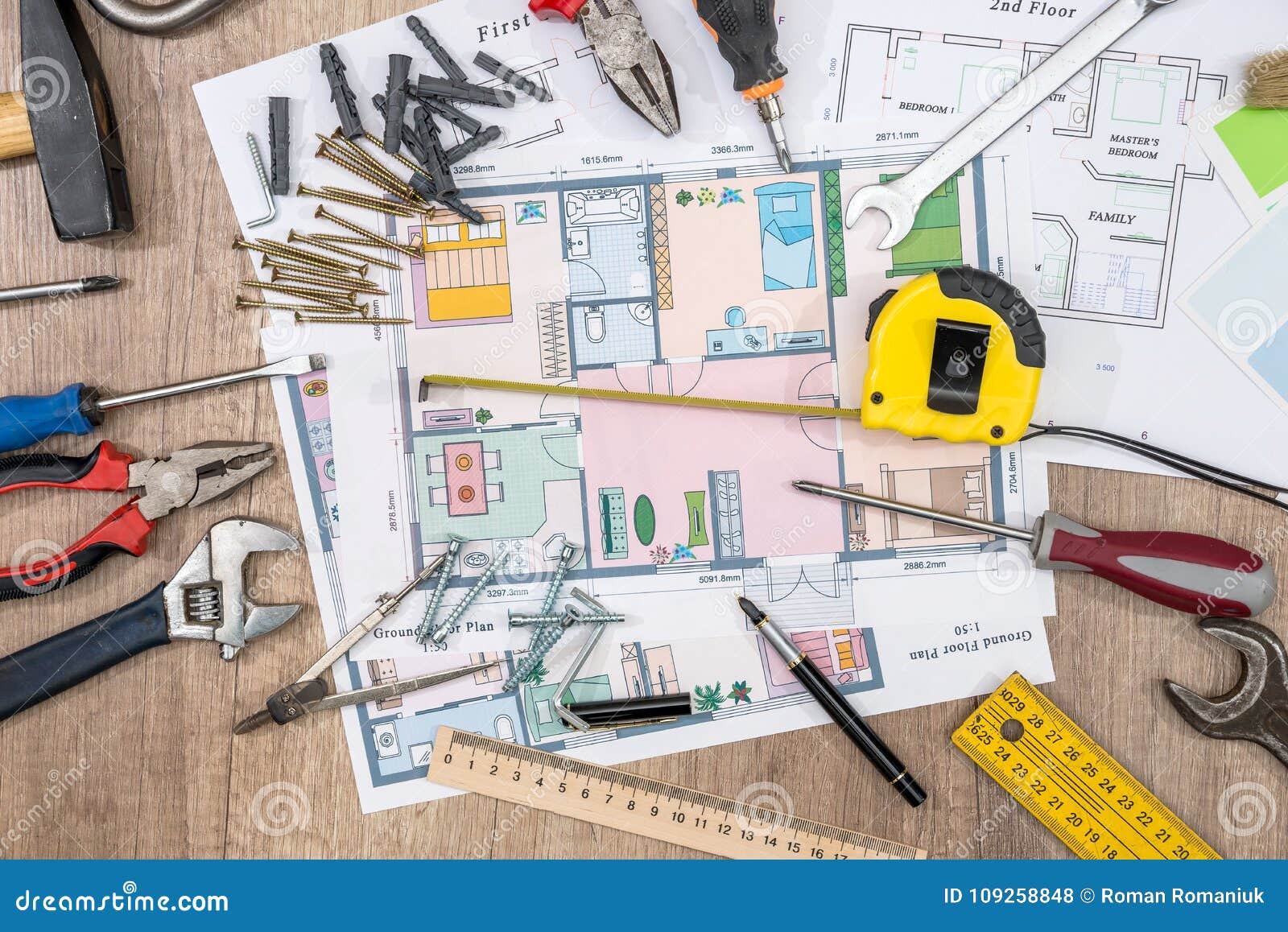 Construction Plans with Drawing Tools Stock Photo - Image of plans ...