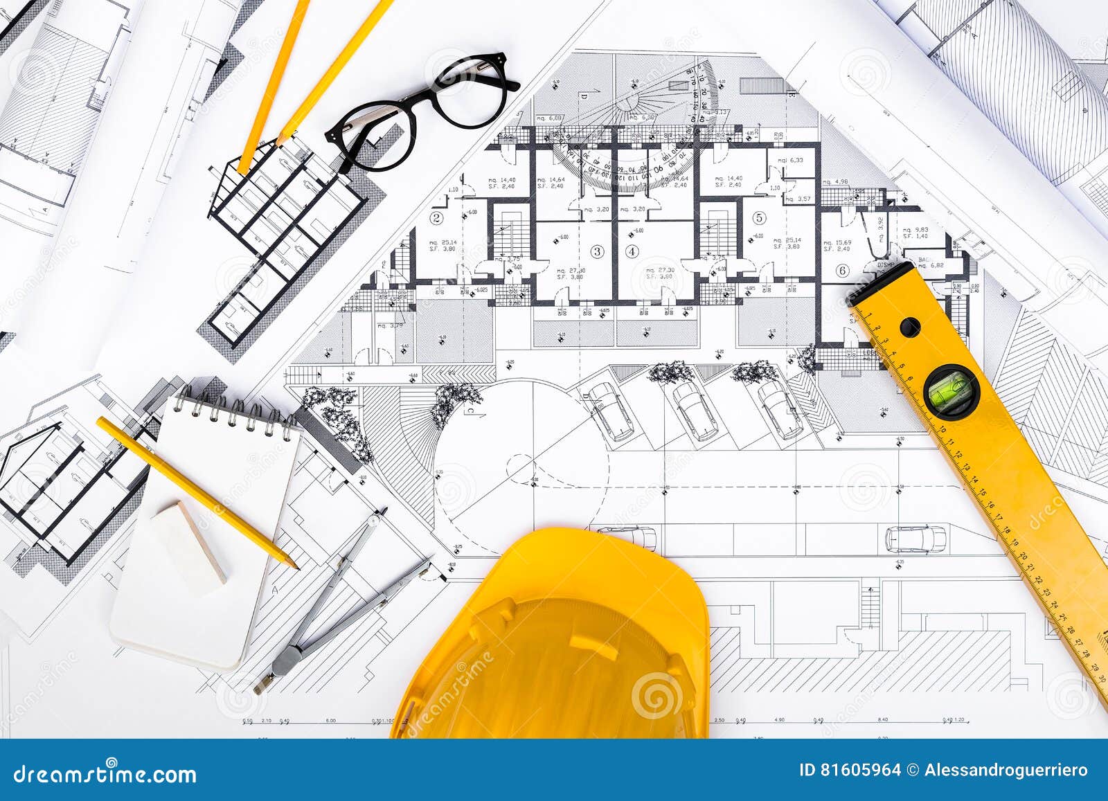 Construction Plans with Drawing and Working Tools on Blueprints Stock ...