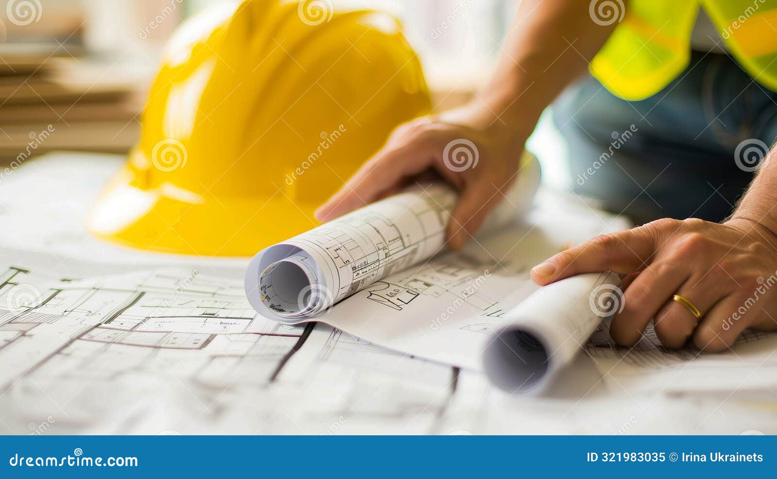 Construction Plans and Hard Hat on Table. Engineer Unrolling Blueprints ...