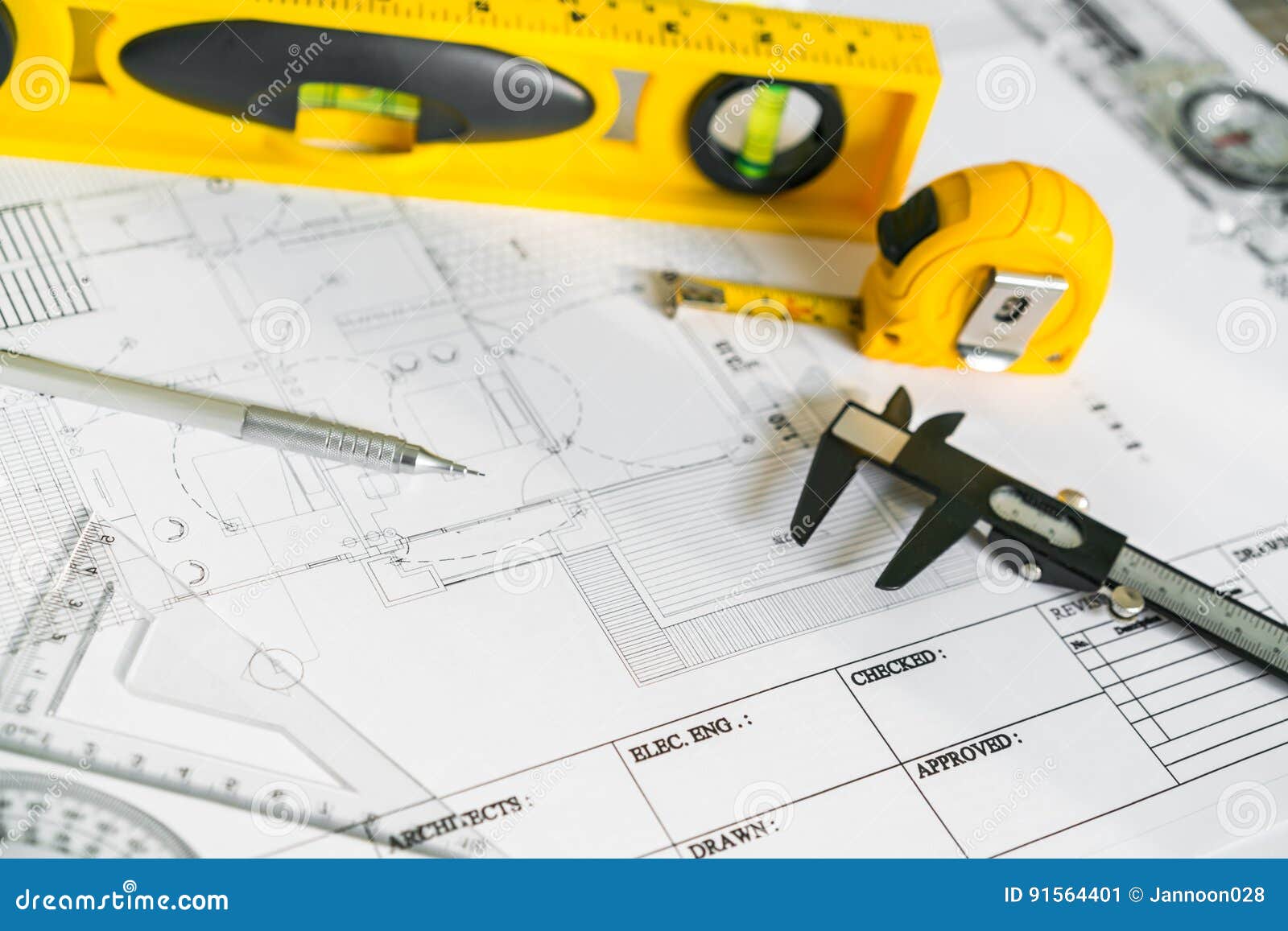 Construction Plans with Helmet and Drawing Tools on Blueprints . Stock ...