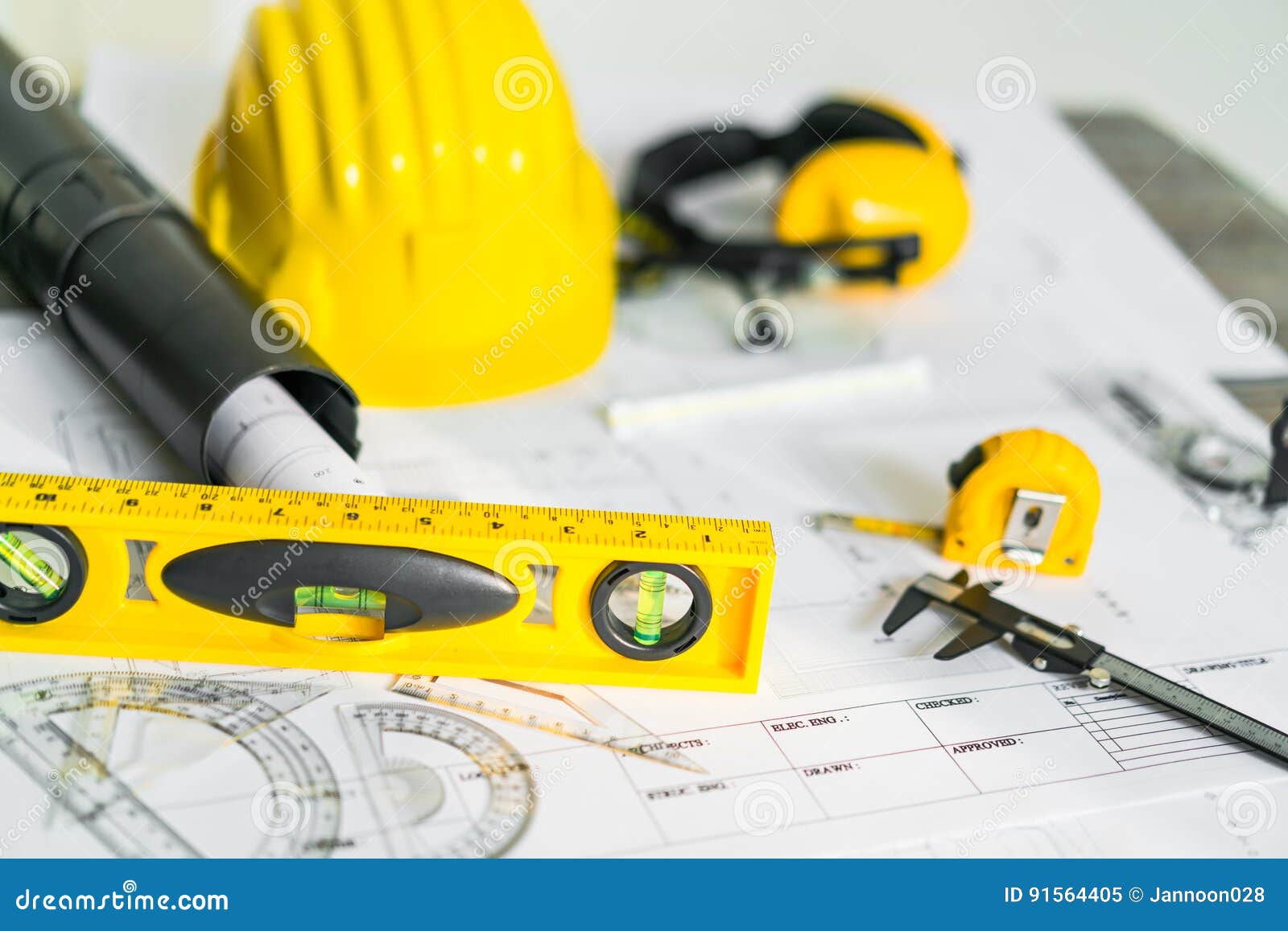 Construction Plans with Helmet and Drawing Tools on Blueprints . Stock ...