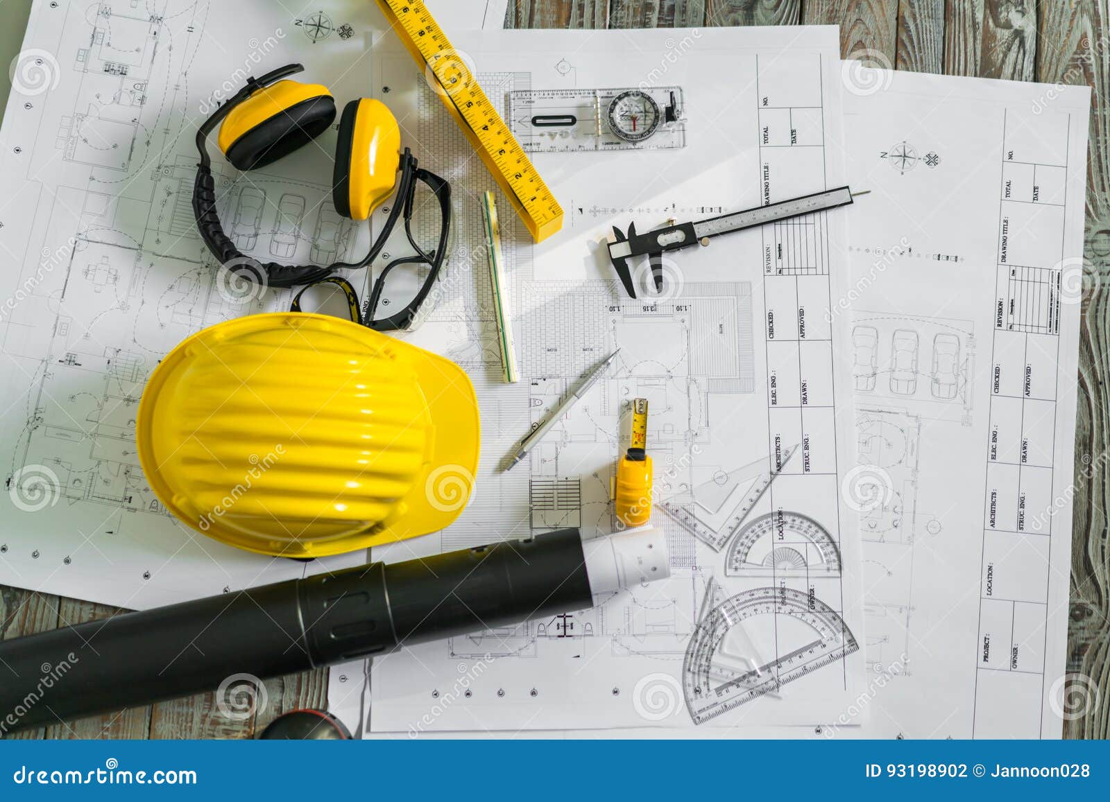 Construction Plans with Helmet and Drawing Tools on Blueprints . Stock ...