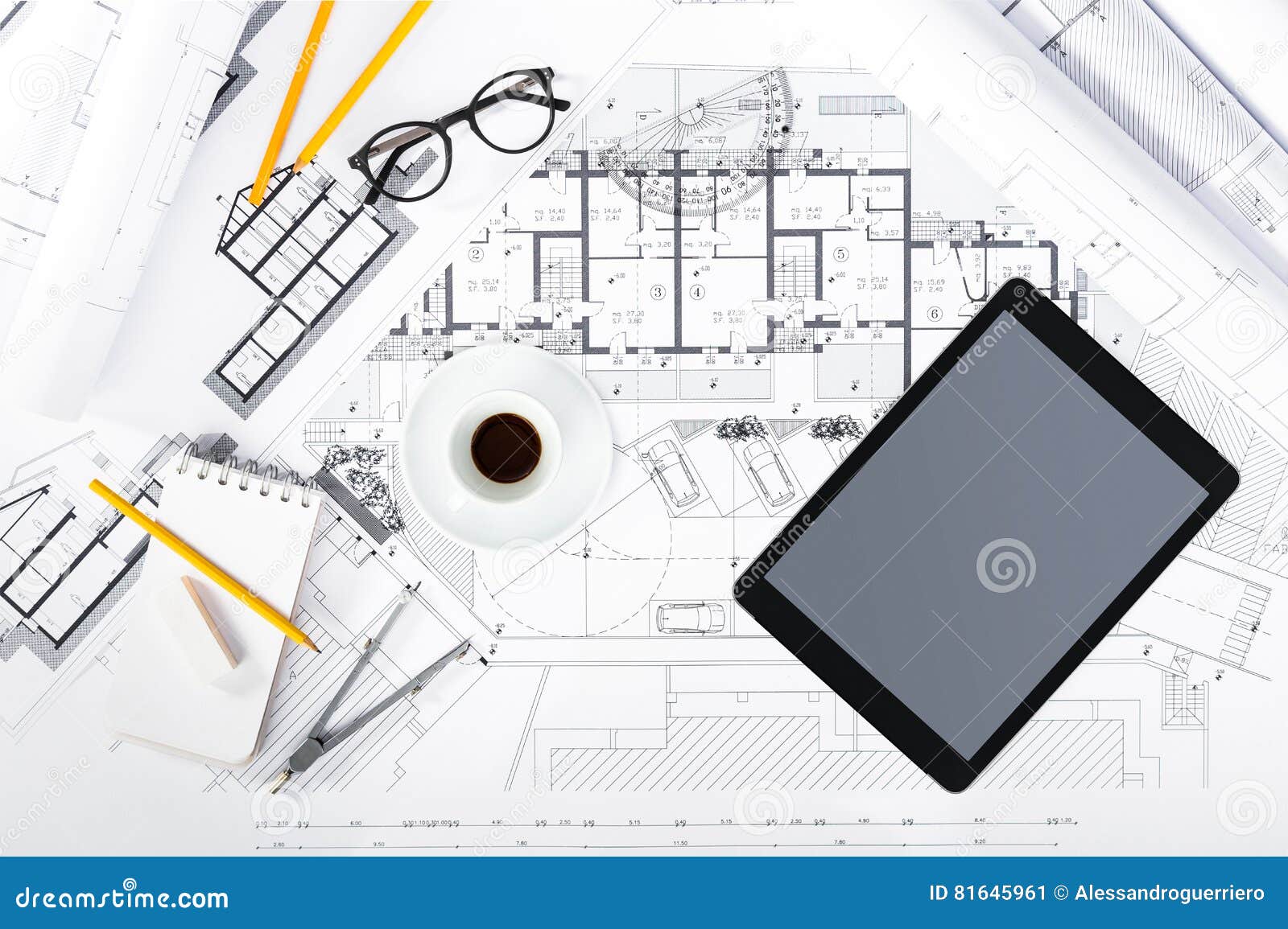 Construction Plans with Tablet and Drawing Tools on Blueprints Stock ...