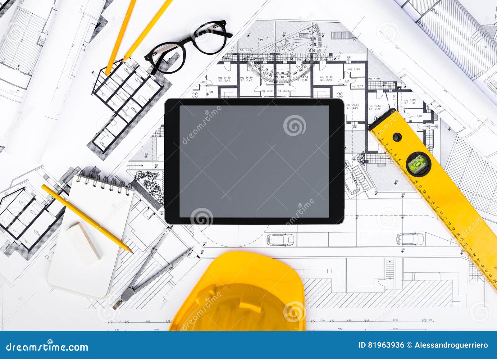 Construction Plans with Tablet, Drawing and Working Tools Stock Photo ...