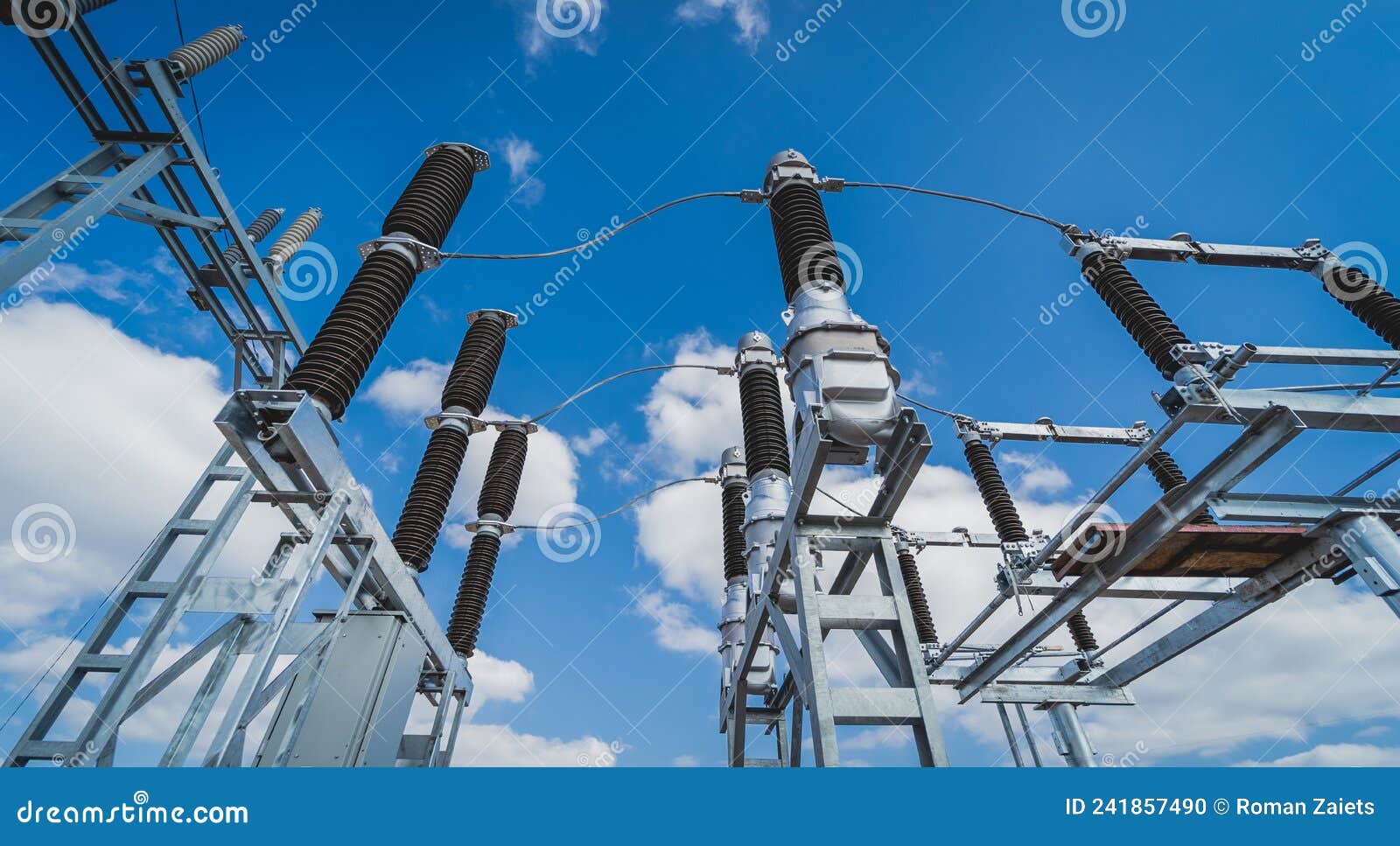 Construction of a Power Transmission Substation on a Background of Blue ...