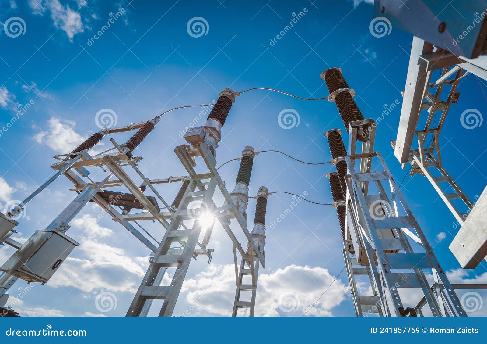 Construction of a Power Transmission Substation on a Background of Blue ...