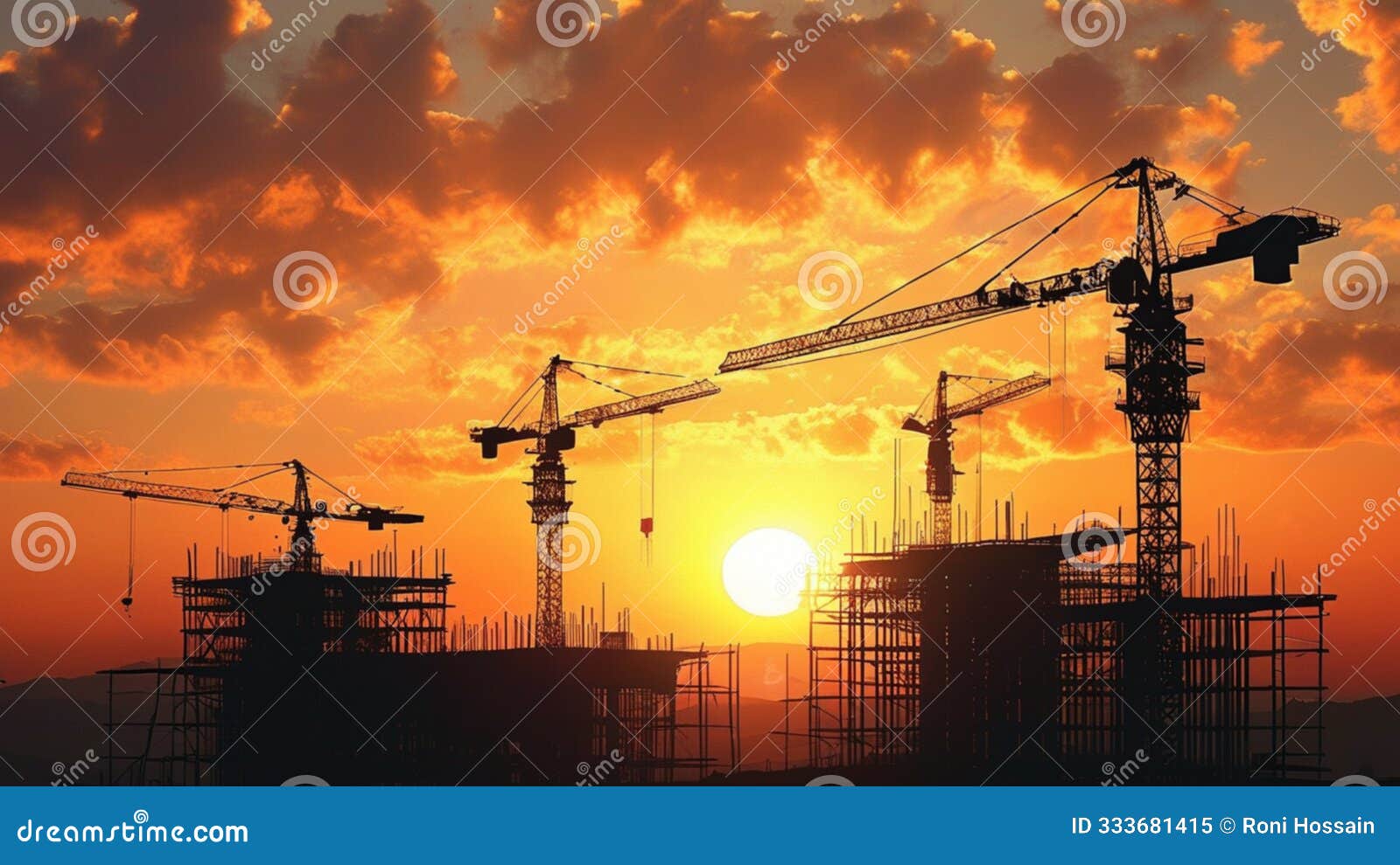 Construction Project Silhouette Against Sunset Sky with Big Sun. Stock ...