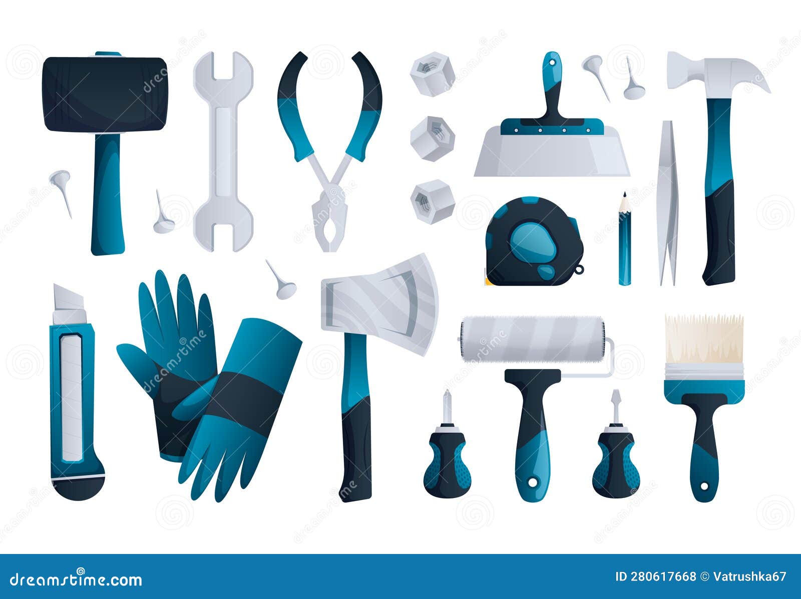 Construction Repair Tools. Flat Screwdriver Wrench Hammer Pliers Brush ...