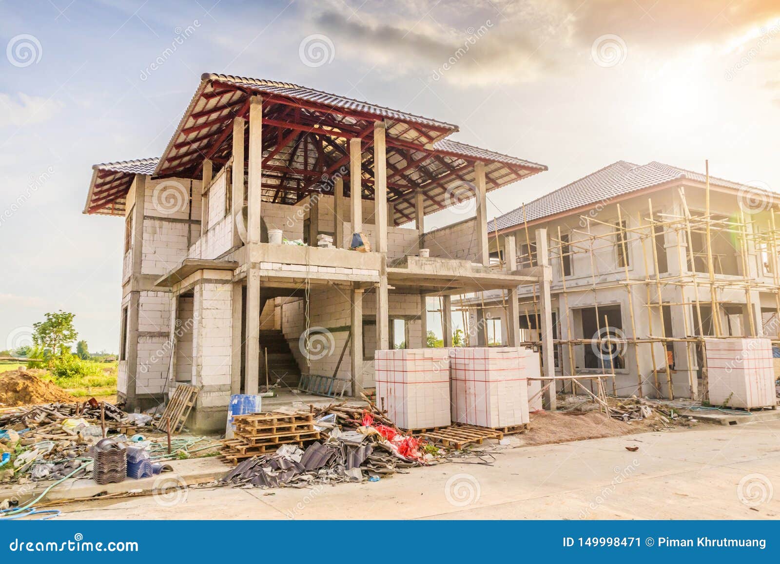 Construction Residential New House in Progress at Building Site Stock ...