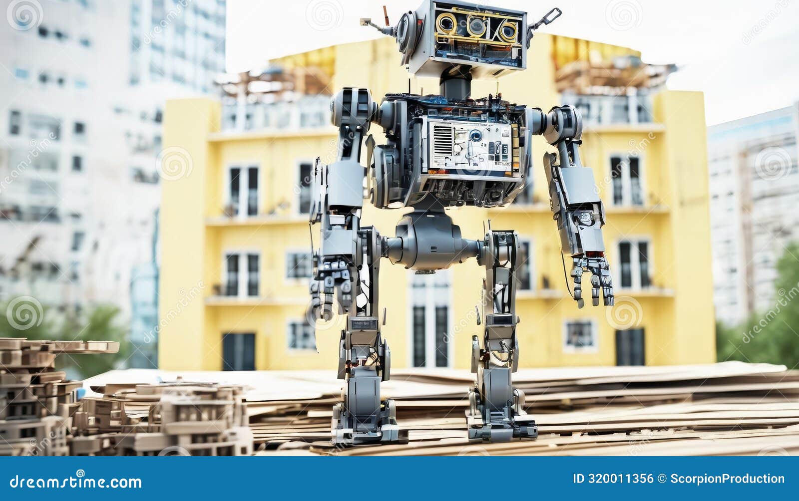 Construction Robot at Building Site with Yellow Crane Stock Photo ...